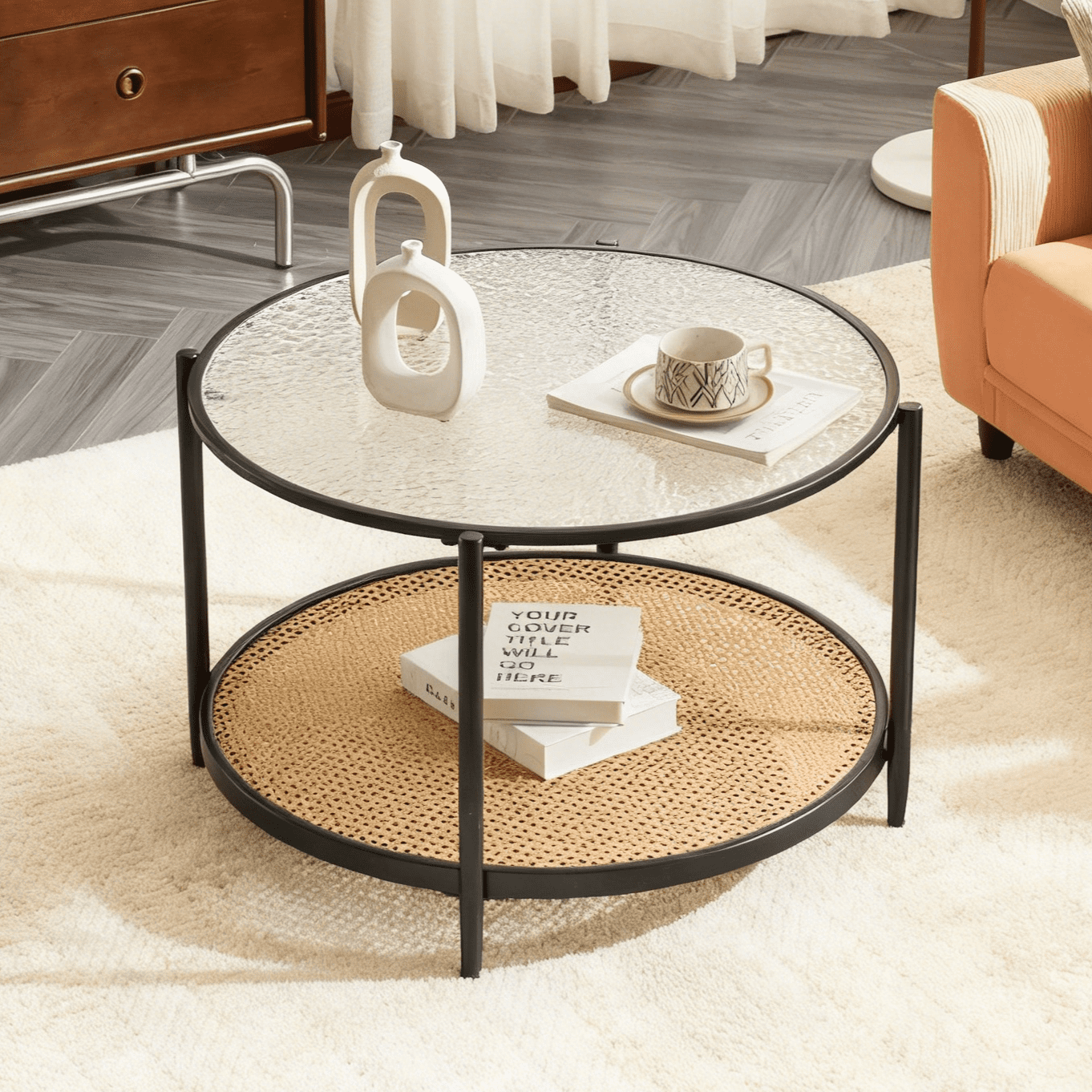 Ktaxon 30.7" Round Tempered Glass Coffee Table with Rattan Shelf ...