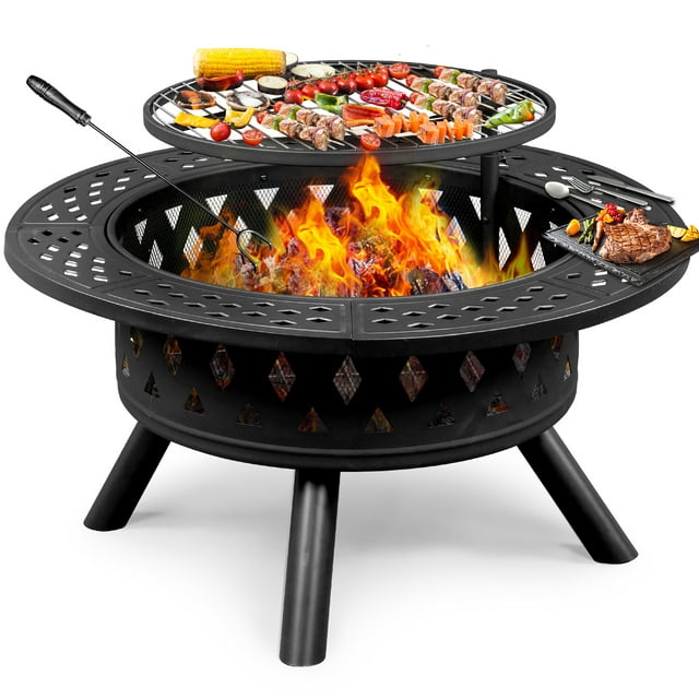 Ktaxon 38 inch Outdoor Wood Fire Pit with Removable BBQ Grill, Charcoal ...