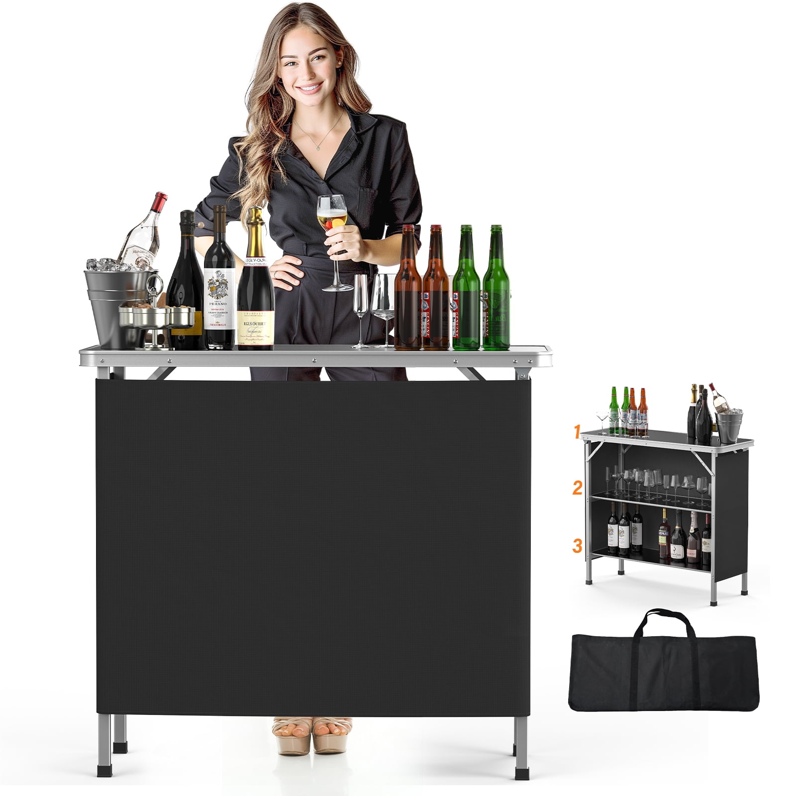 Ktaxon 39" Foldable Bar Table, Mobile Bar with 3-Tier Shelves & Carry ...