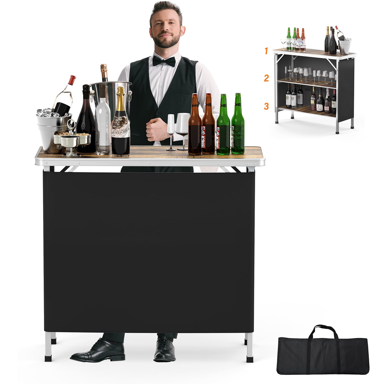 Ktaxon 39" Foldable Bar Table, Mobile Bar with 3-Tier Shelves & Carry ...