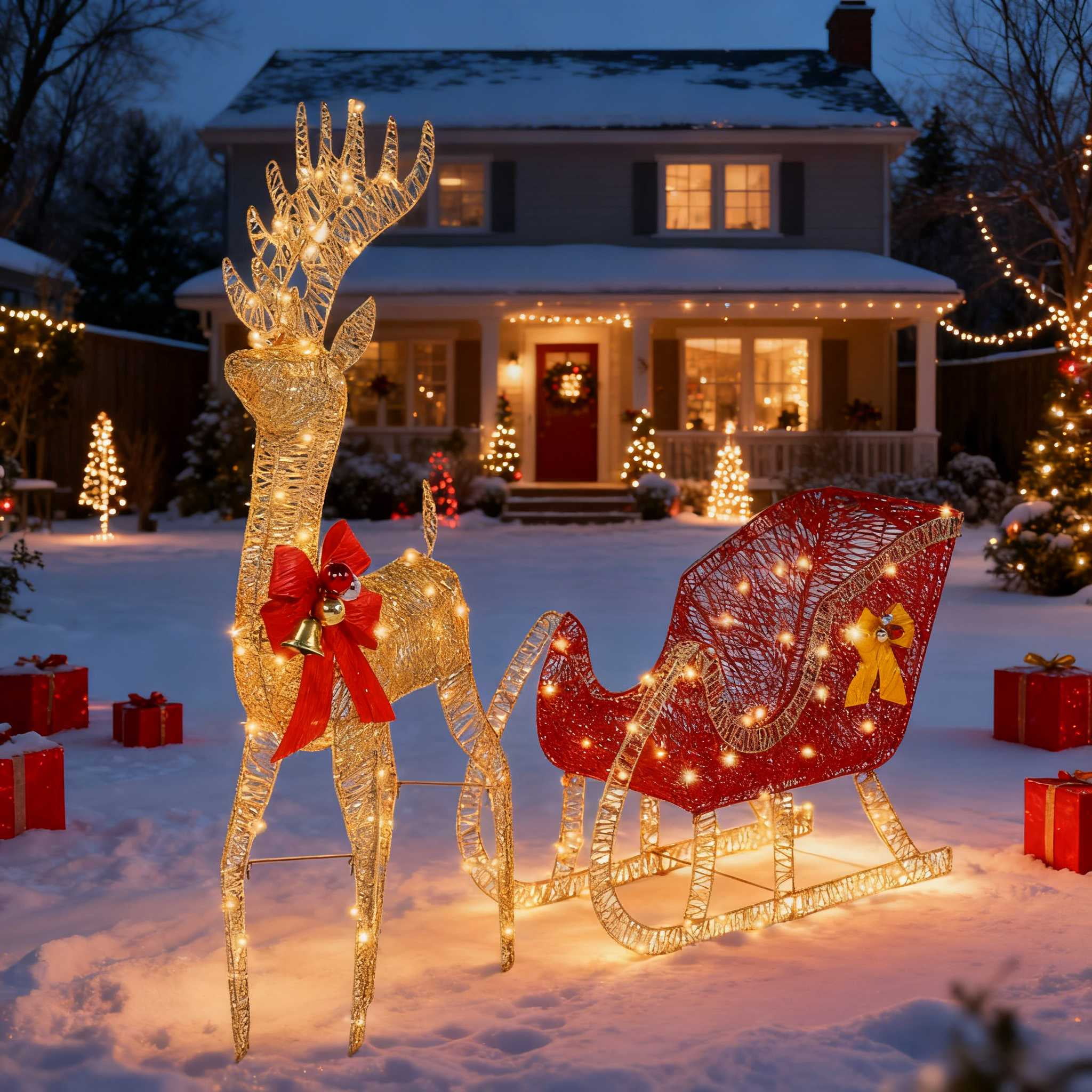 Ktaxon 3D Lighted Christmas 4ft Reindeer and Sleigh Set, Outdoor Yard ...
