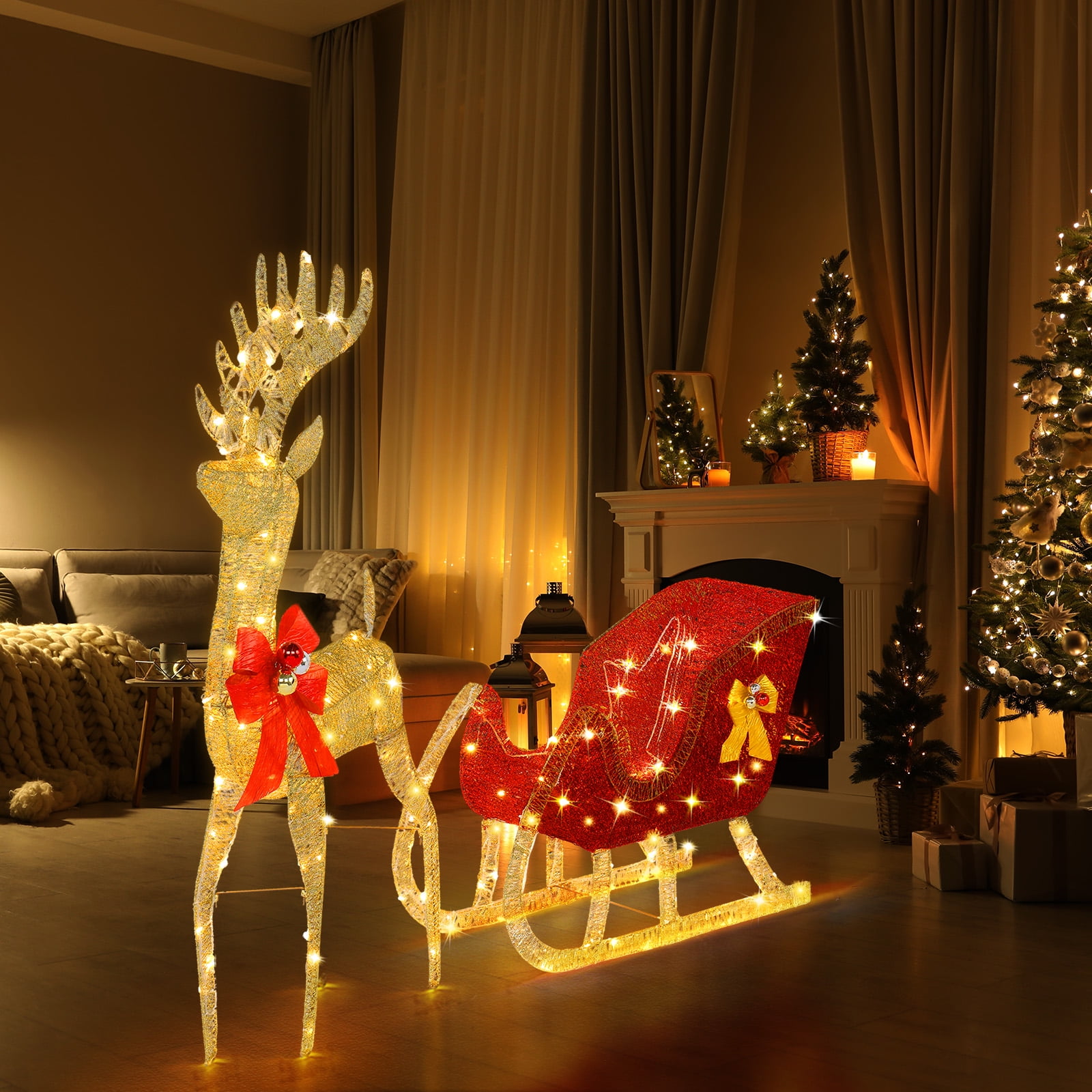 Ktaxon 3D Lighted Christmas 4ft Reindeer and Sleigh Set, Outdoor Yard ...