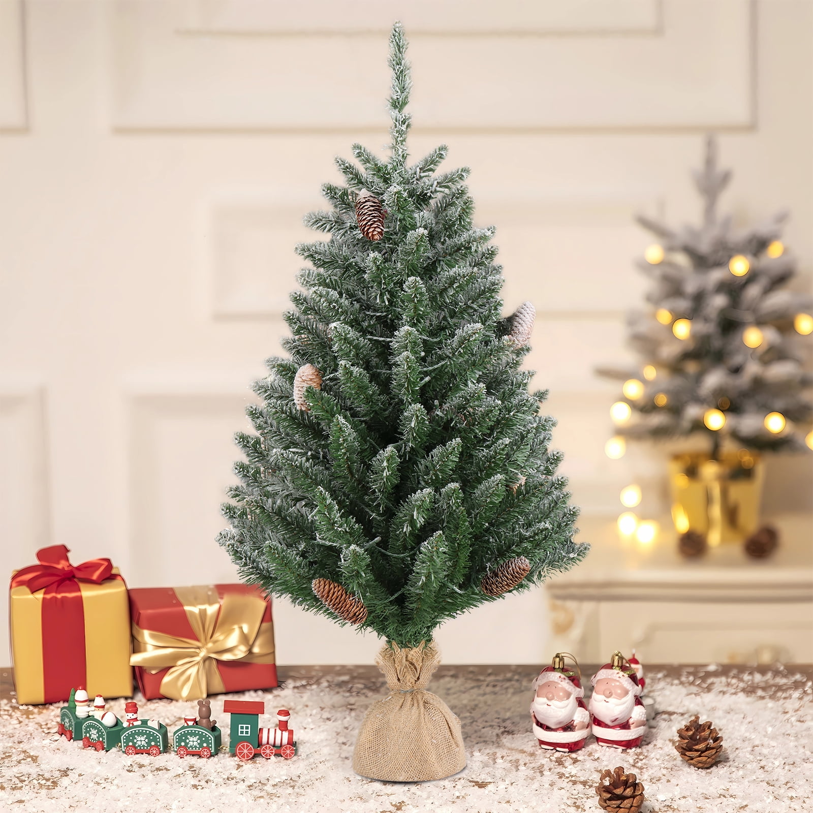 Ktaxon 3ft Pre-lit Flocked Xmas Tree, 100 LED Lights, 118 Tips, Linen ...