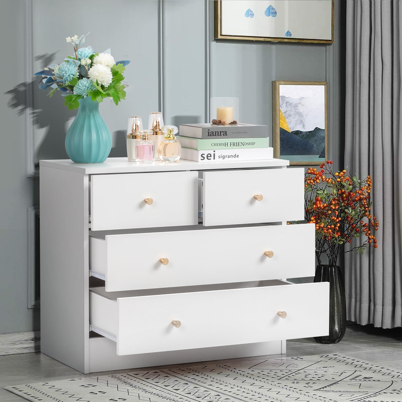 Ktaxon 4 Drawers Dresser Chests for Bedroom Wood Chset of Drawers Dressers Organizer for Bedroom Living Room Hallway White