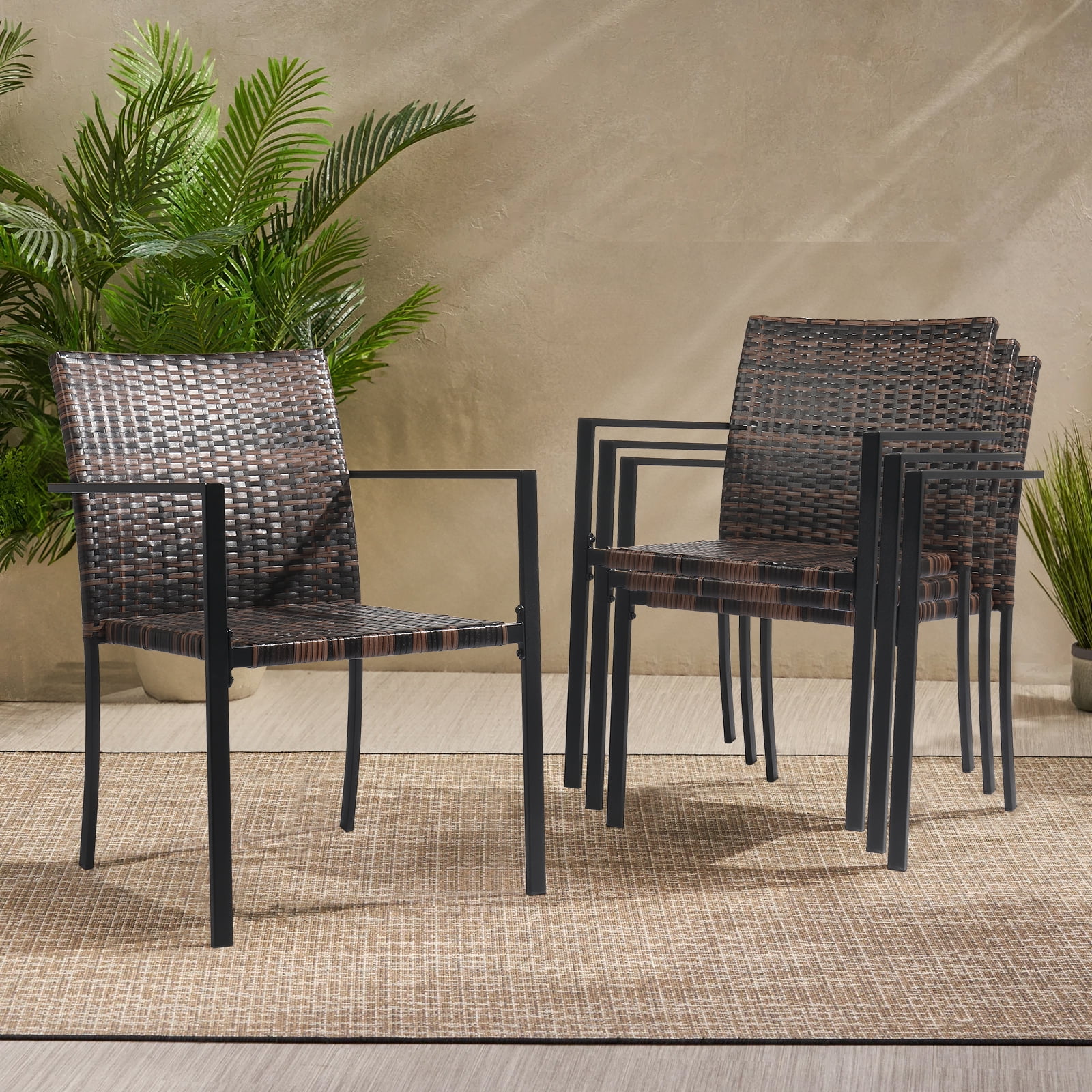 Ktaxon 4 Pack Outdoor Wicker Dining Chairs, Rattan Bar Chairs for Deck ...