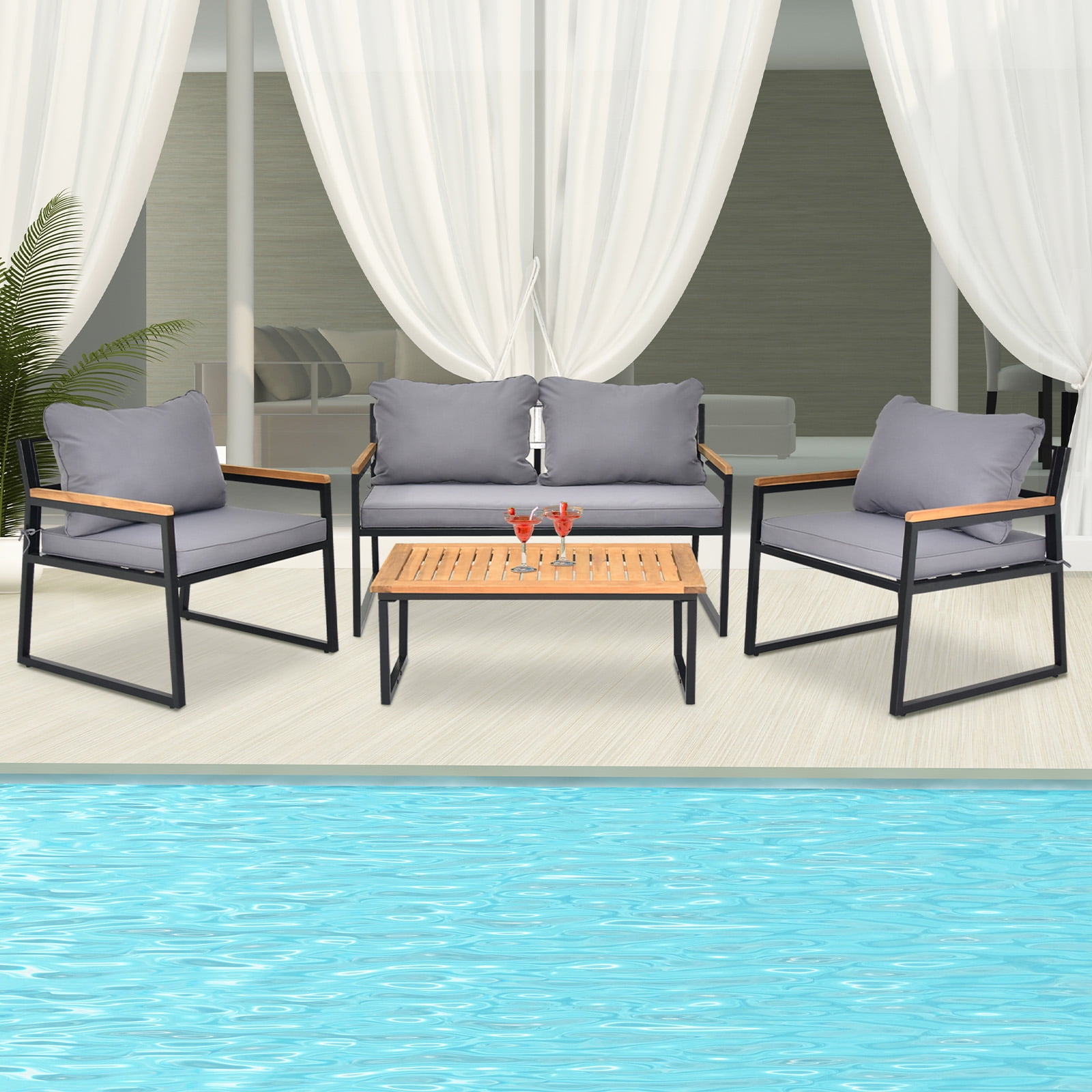 Ktaxon 4 Pcs Patio Conversation Set, Metal Frame and Acacia Wood Coffee ...