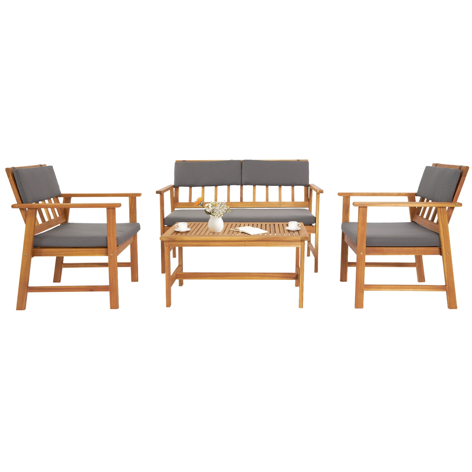 Ktaxon 4 Piece Outdoor Patio Lounge Conversation Set, Acacia Wood ...