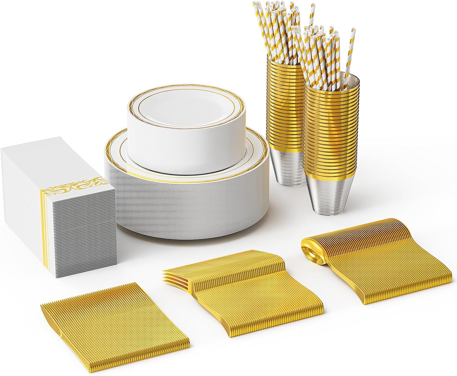 Ktaxon 400 Piece Gold Plastic Dinnerware Set for 50 Guests, Elegant ...