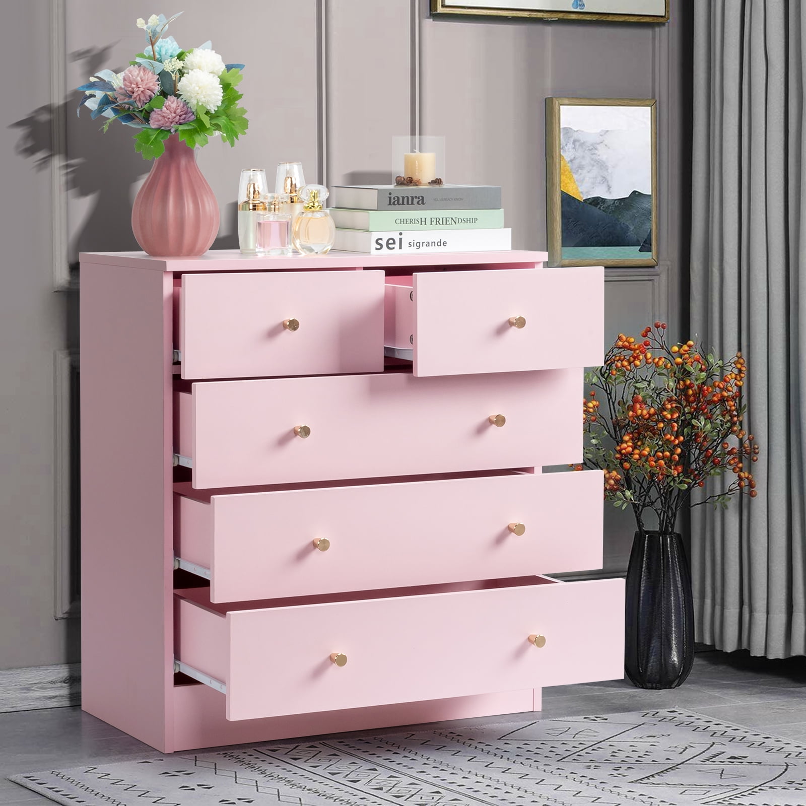 Ktaxon 5 Drawers Dresser Chests for Bedroom, Wood Chset of Drawers ...
