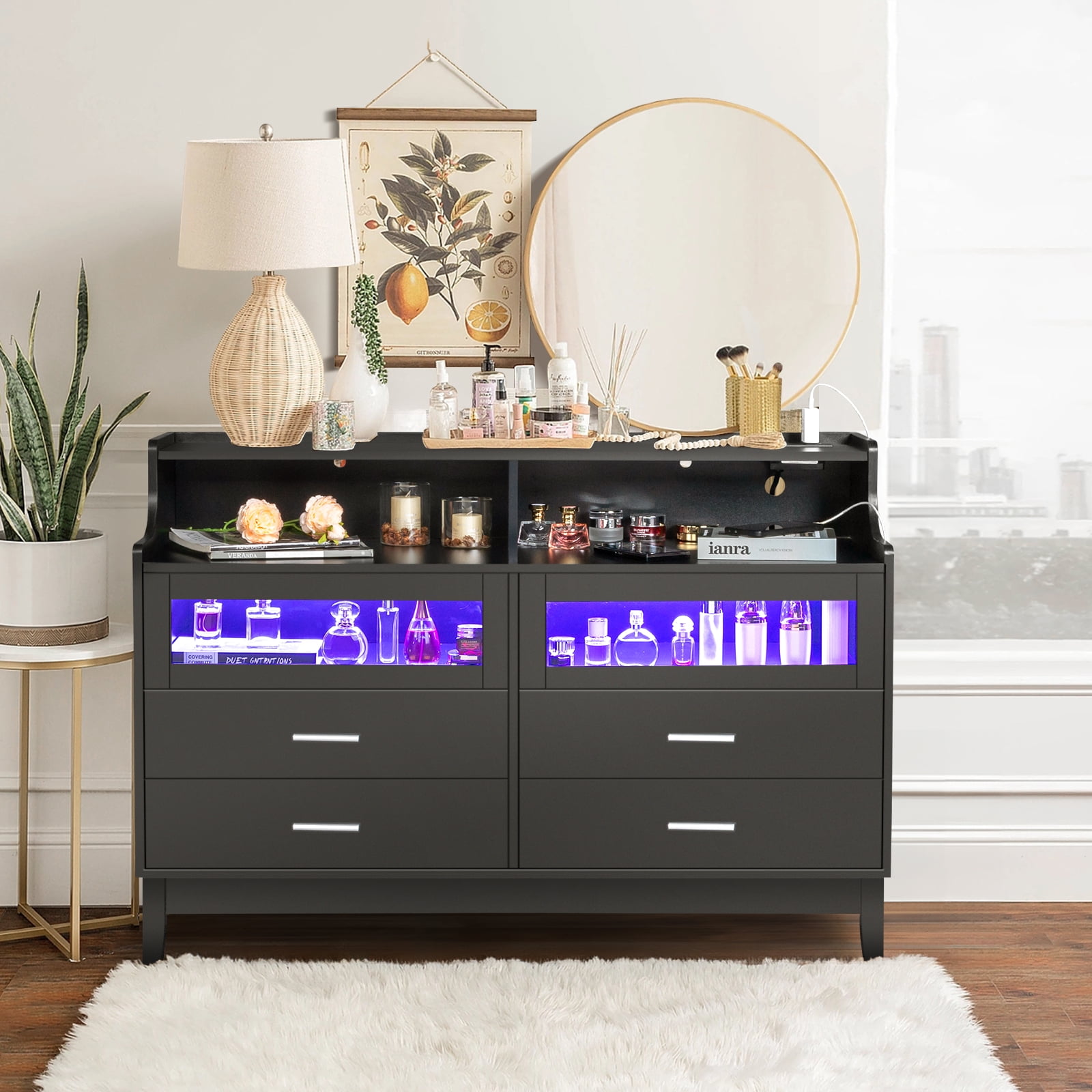 Ktaxon 6 Drawer Double Dresser with LED and USB Charging Station, Kids ...