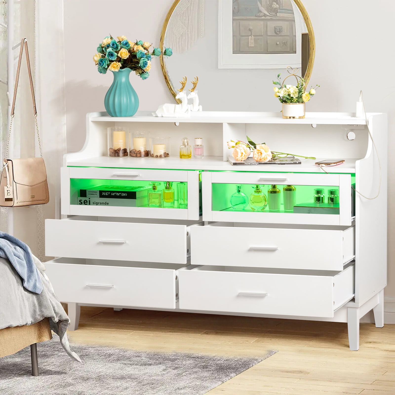 Ktaxon Wooden 6-Drawer Dresser with LED, USB Charging Station, White ...