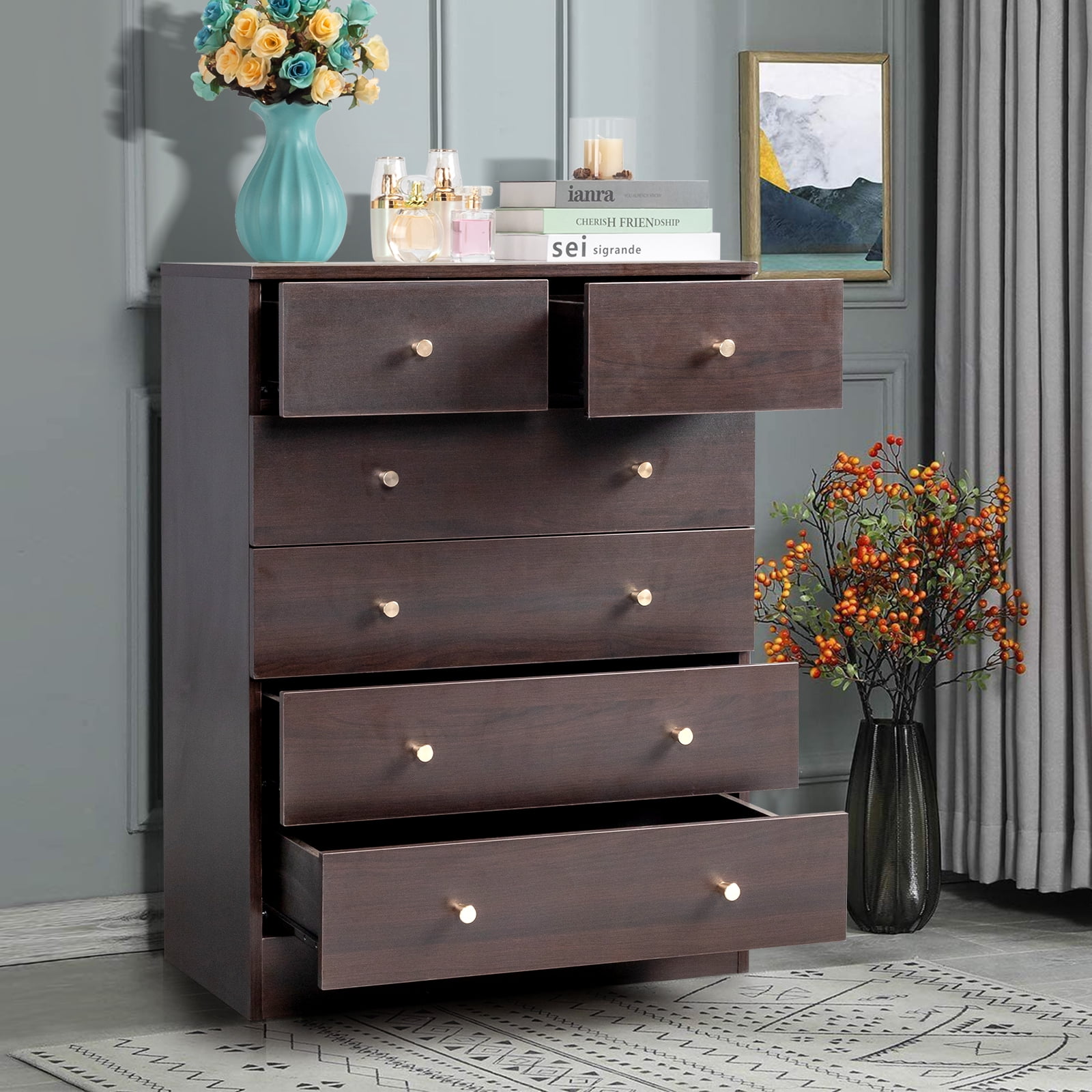 Ktaxon 6 Drawers Dresser Chests for Bedroom, Wood Chset of Drawers ...