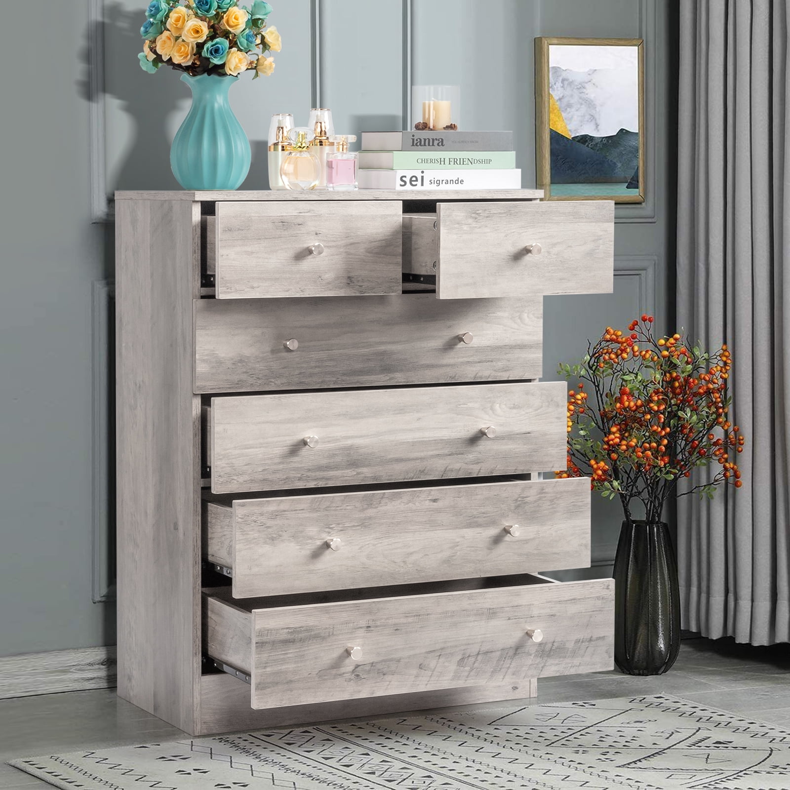 Ktaxon 6 Drawers Dresser Chests for Bedroom, Wood Chset of Drawers ...