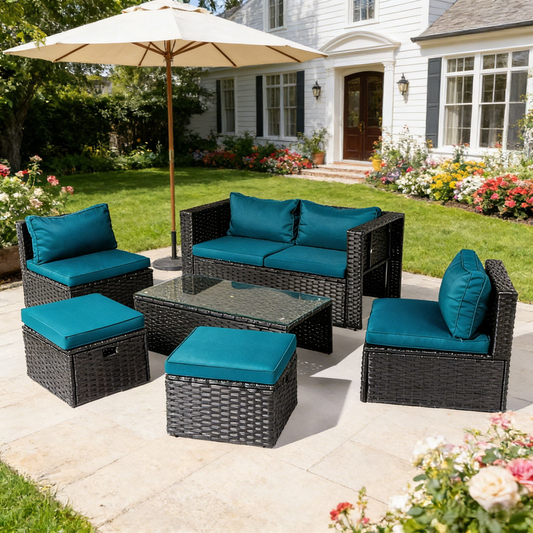 Ktaxon 7-Piece Modular Patio Sectional Set, All-Weather Wicker, Black ...
