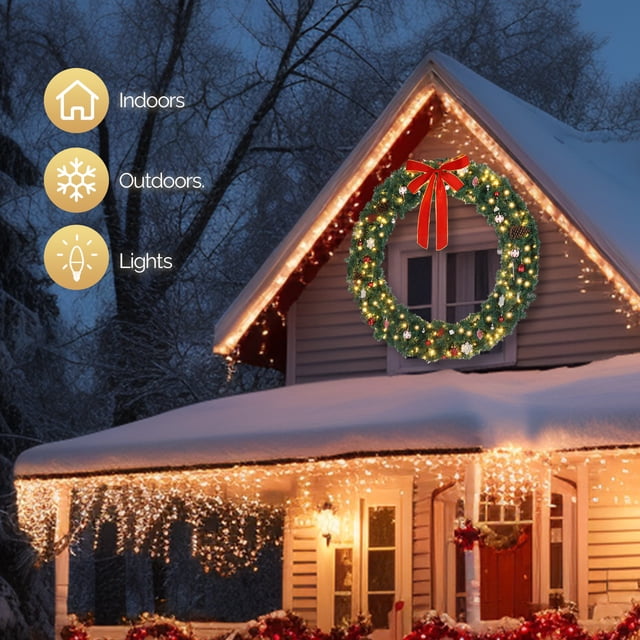 Ktaxon 60in Outdoor Christmas Wreath PVC Bow Decoration 220 Lights LED ...
