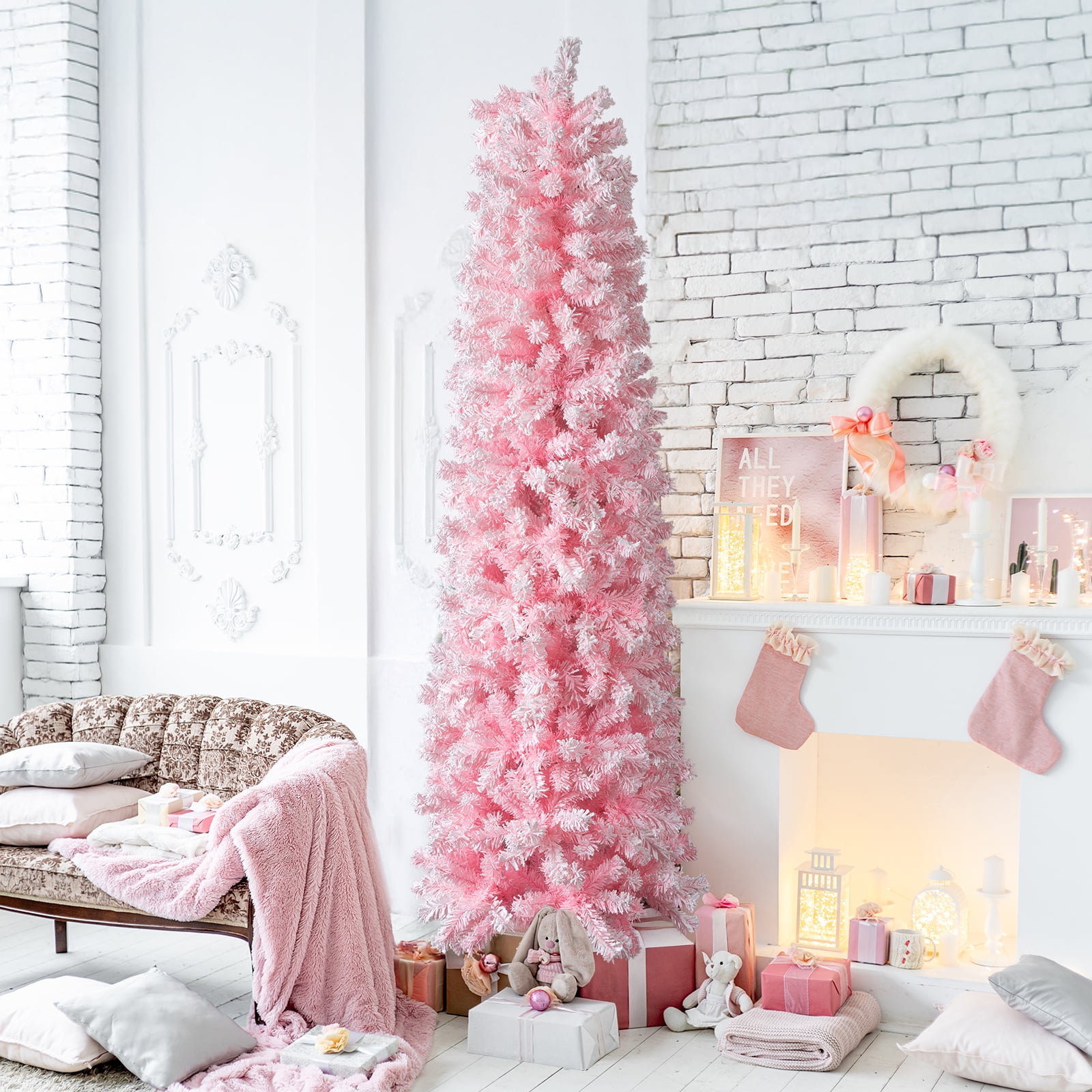 Ktaxon 7.5ft Christmas Tree Snow Flocked Pink Artificial Pencil ...