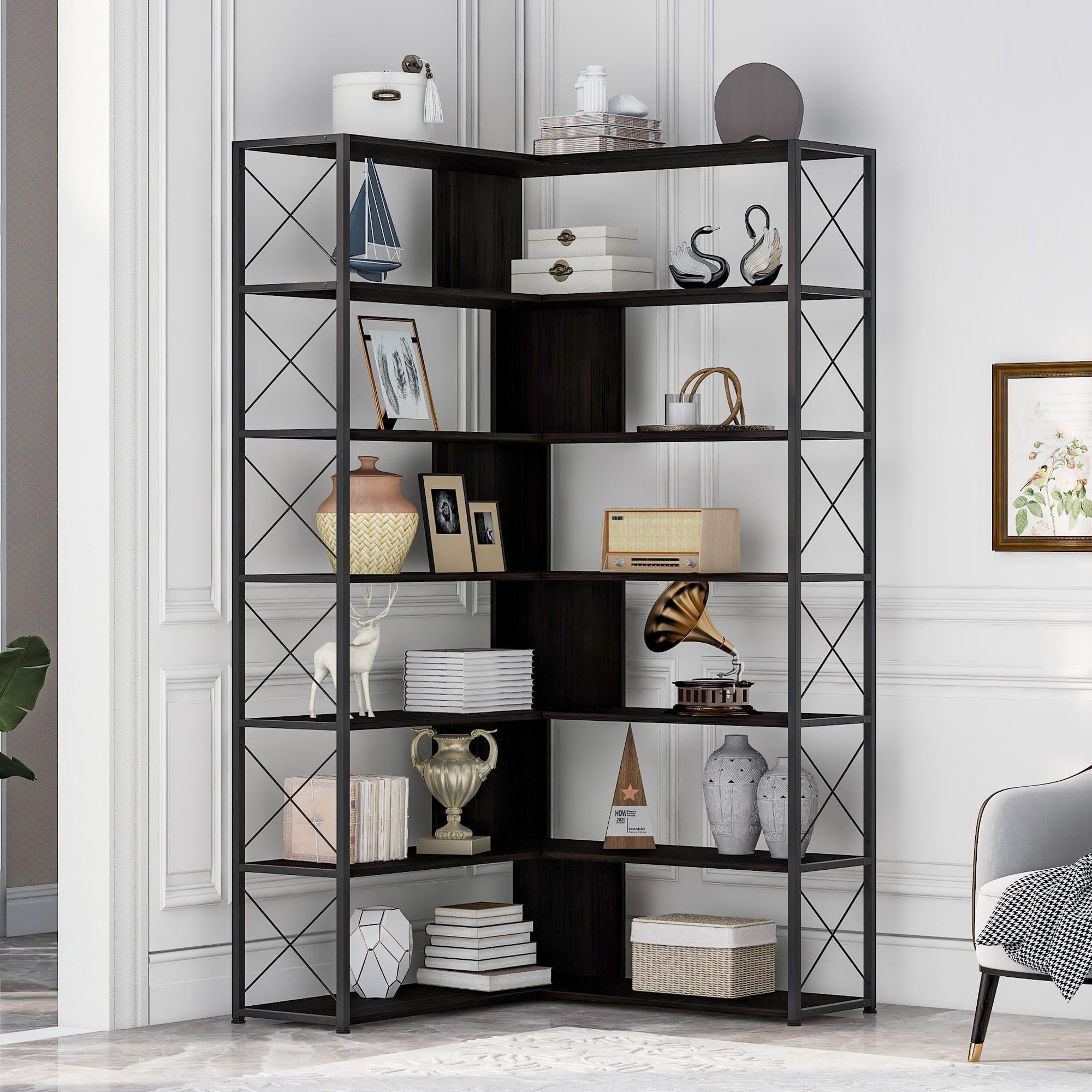 Ktaxon 7-Tier L-Shaped Bookcase with Metal Frame, MDF Board for Home ...