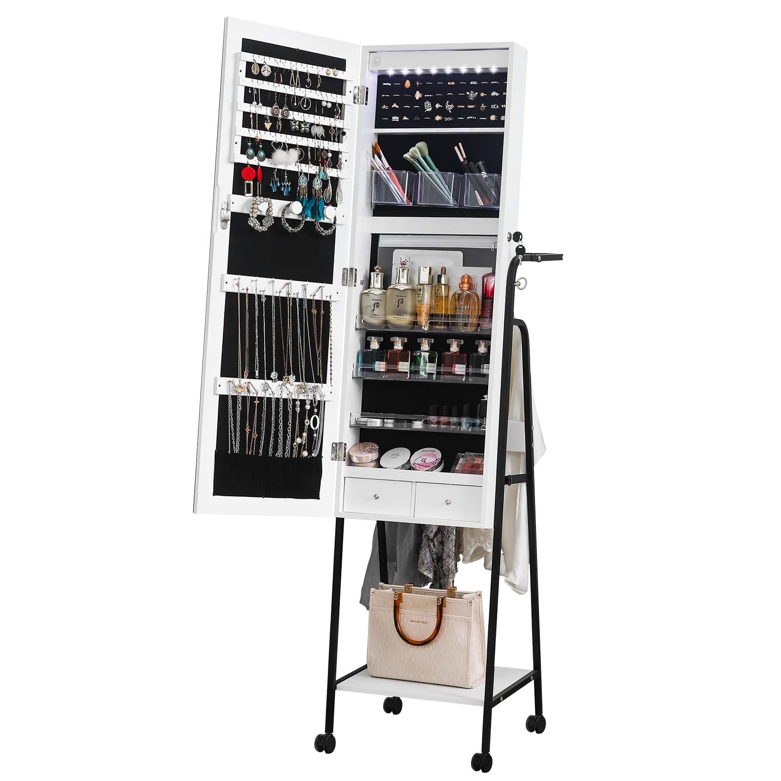 Ktaxon LED Jewelry Armoire Cabinet, Door Stand, Lockable Mirror, Coat ...