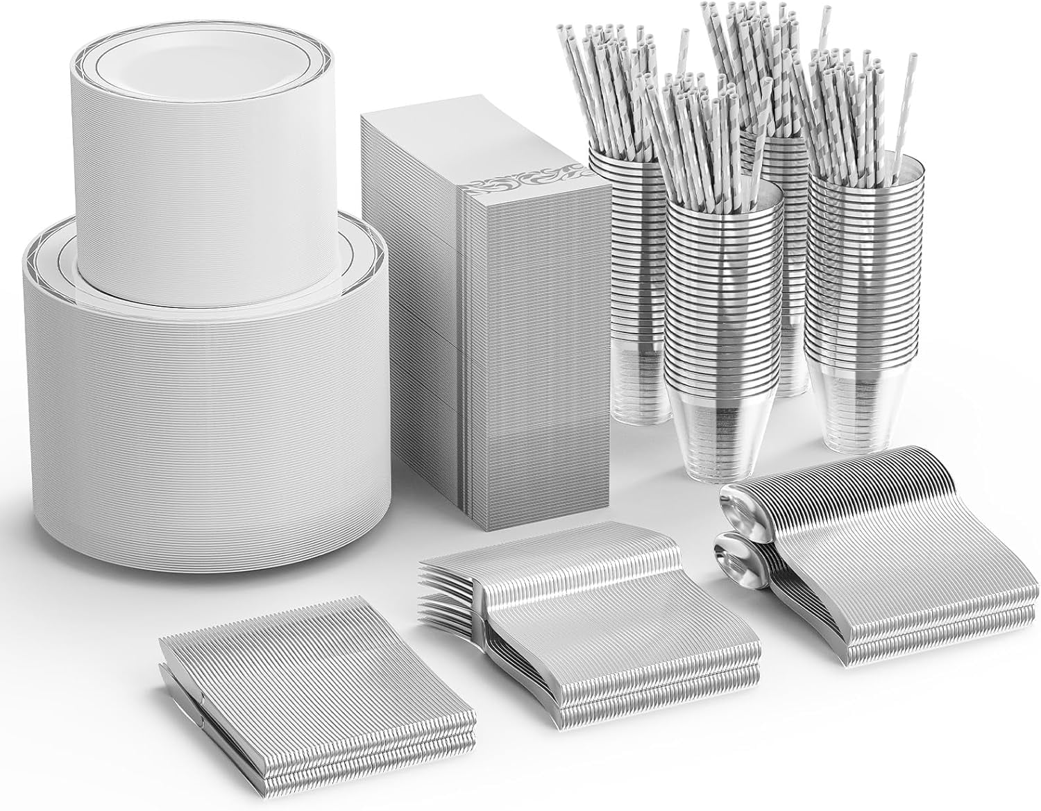 Ktaxon 800 Piece Silver Plastic Dinnerware Set for 100 Guests, Elegant ...