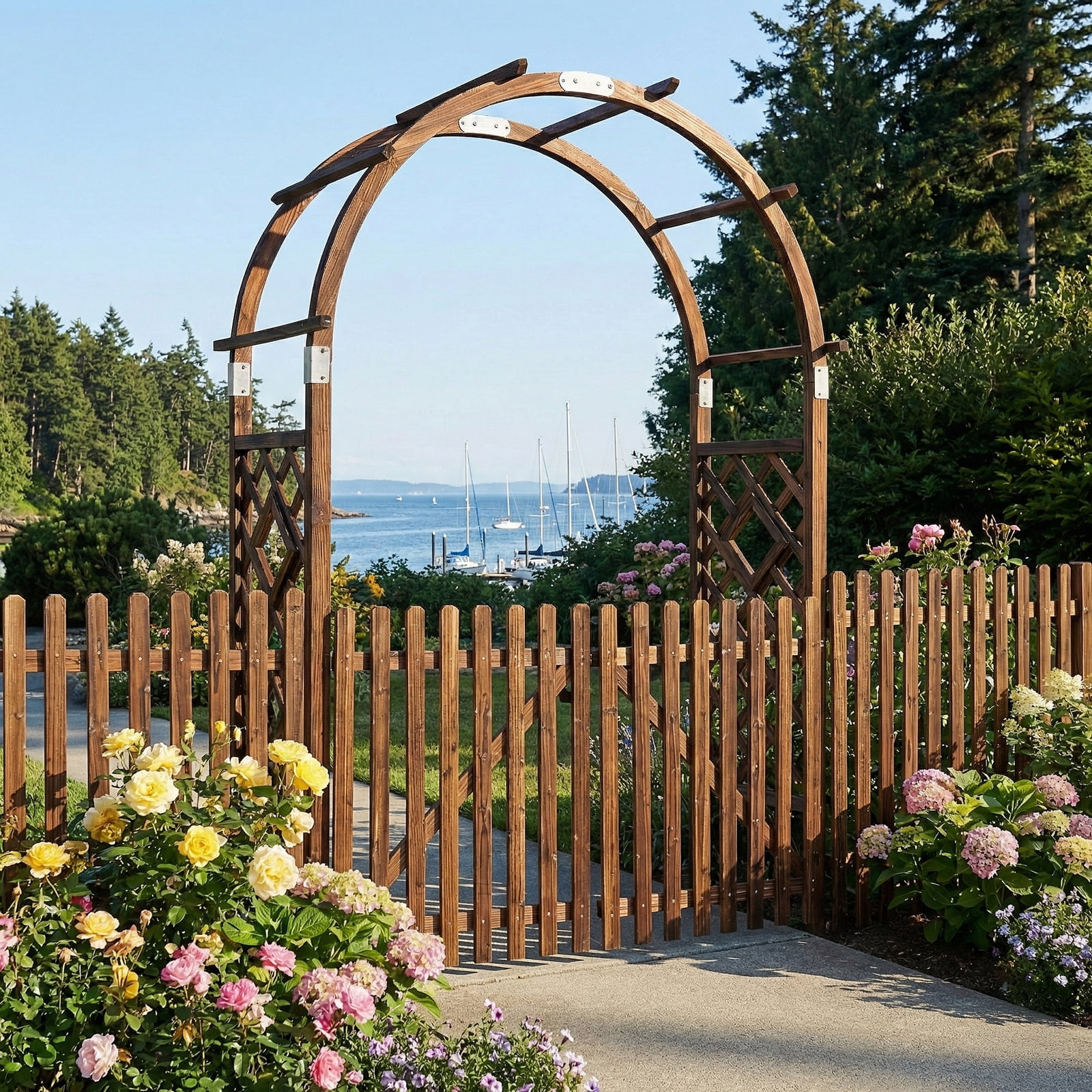 Ktaxon 85.2" Wooden Garden Arch Arched Top with Door Picket Fence ...