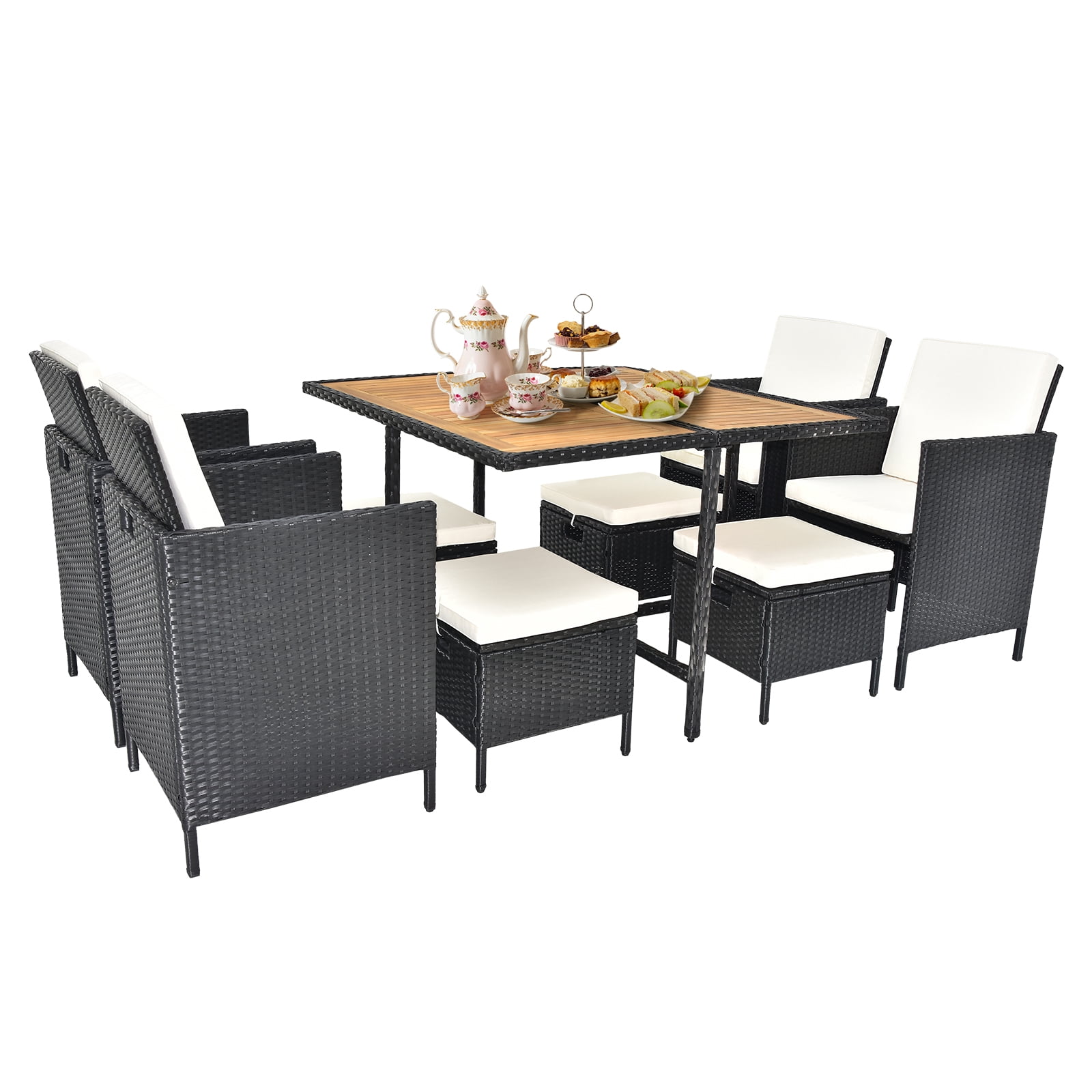 Ktaoxn 9-Pcs Wicker Dining Set, Acacia Wood, for 8 People, Outdoor ...