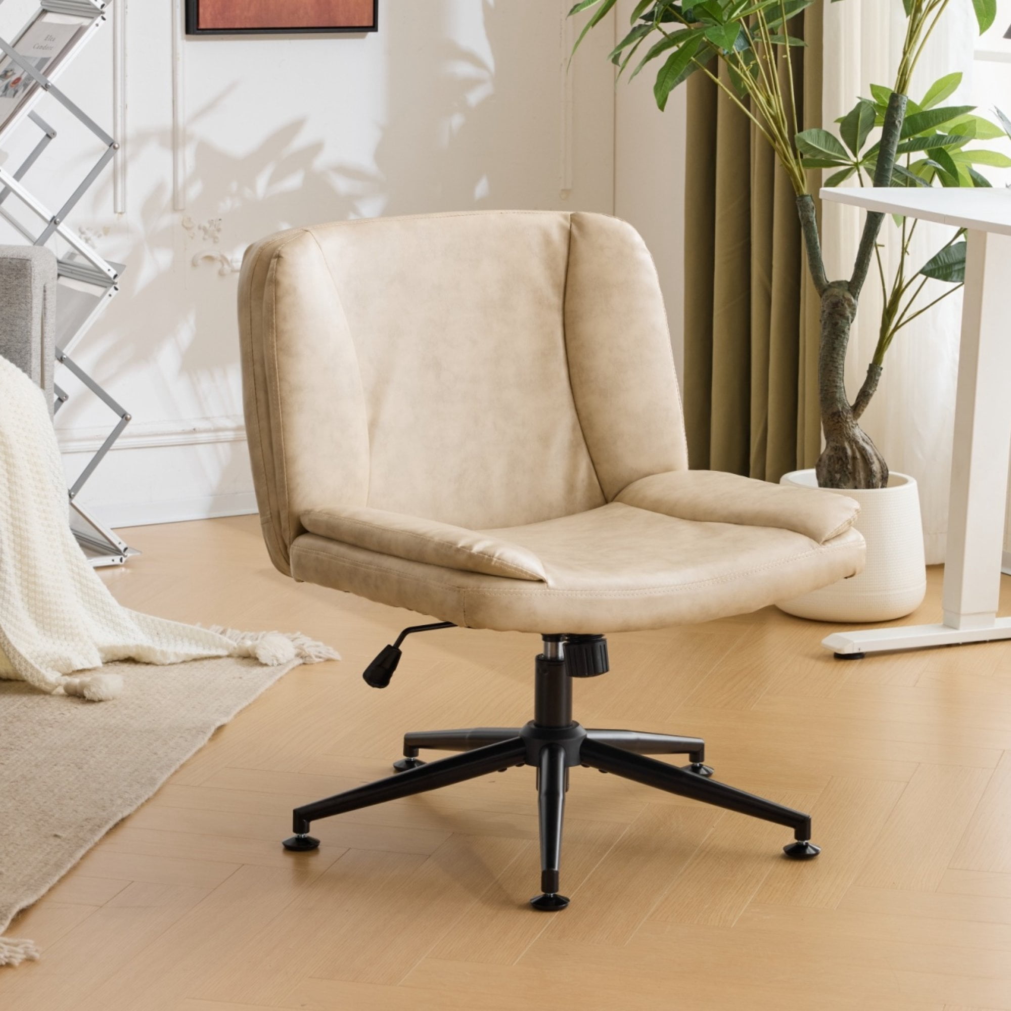 Ktaxon Armless Office Desk Chair with Wheels,Faux Leather Cross Legged ...