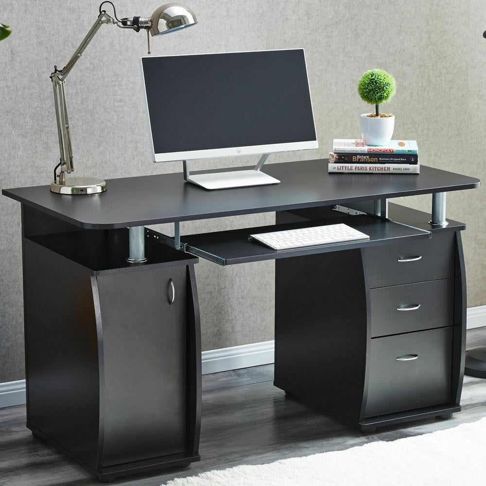 Ktaxon Black 3 Drawers Computer Desk Black Study Workstation Office ...