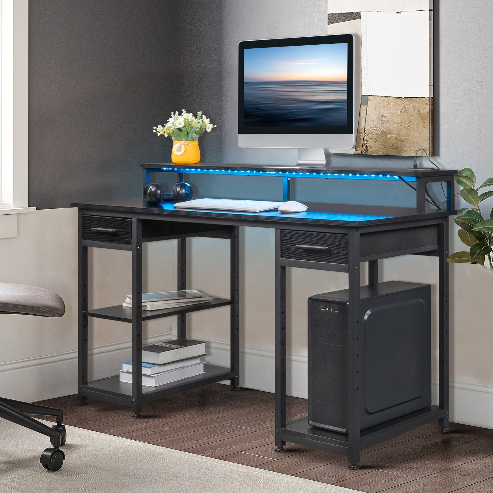 Ktaxon Chipboard Computer Desk with 2 Drawers&3 shelves, 2 Power ...