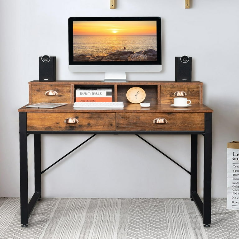 Ktaxon Computer Desk 41 for Home Office Study Writing Work Desk with Storage Drawers Small Table Modern Simple Style Rustic Brown