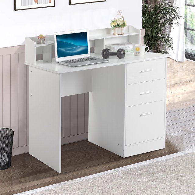 Ktaxon White Stable Gaming Computer Desk with 3 Drawers, Additional ...