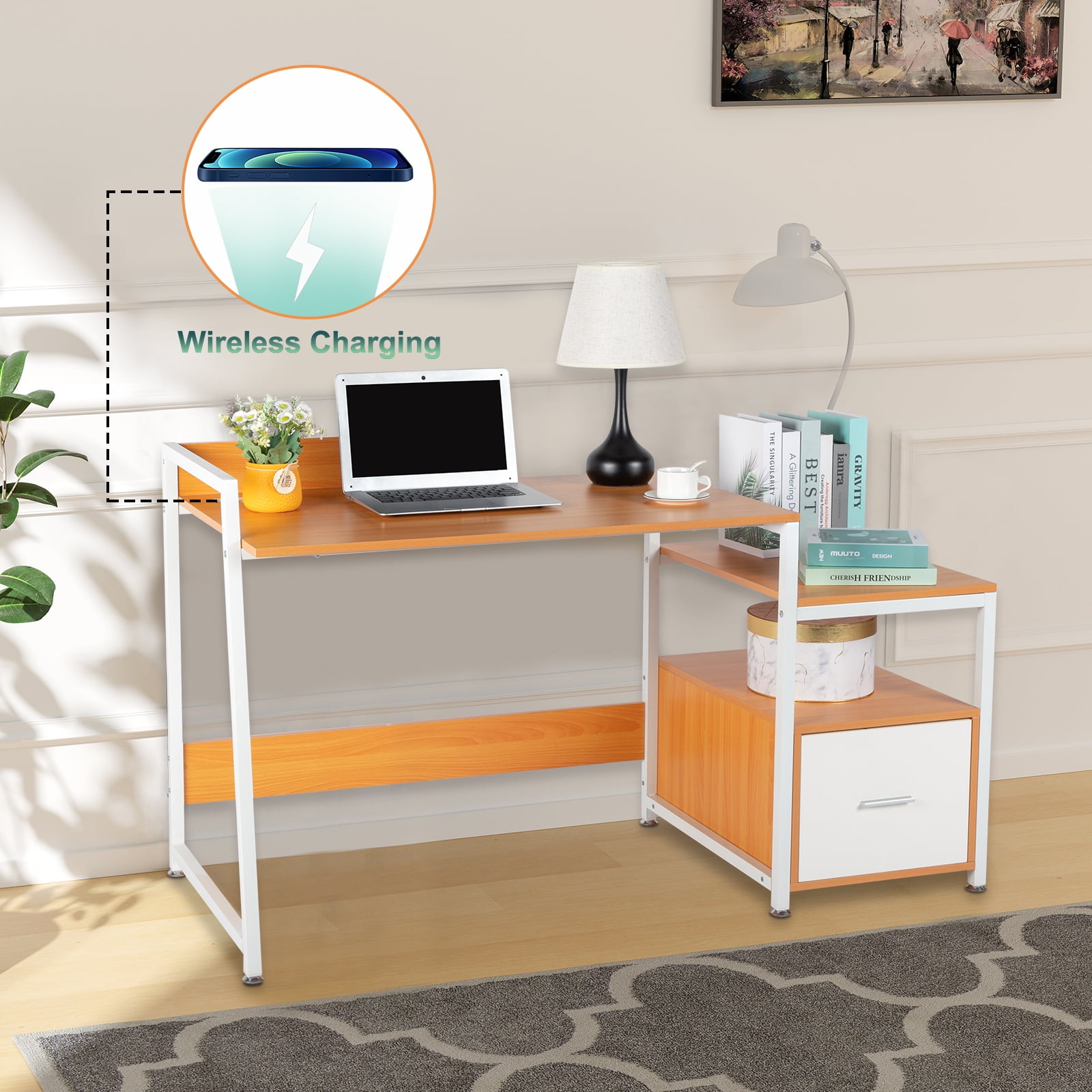 Ktaxon Computer Desk with Storage Shelves, with USB Wireless Charging ...