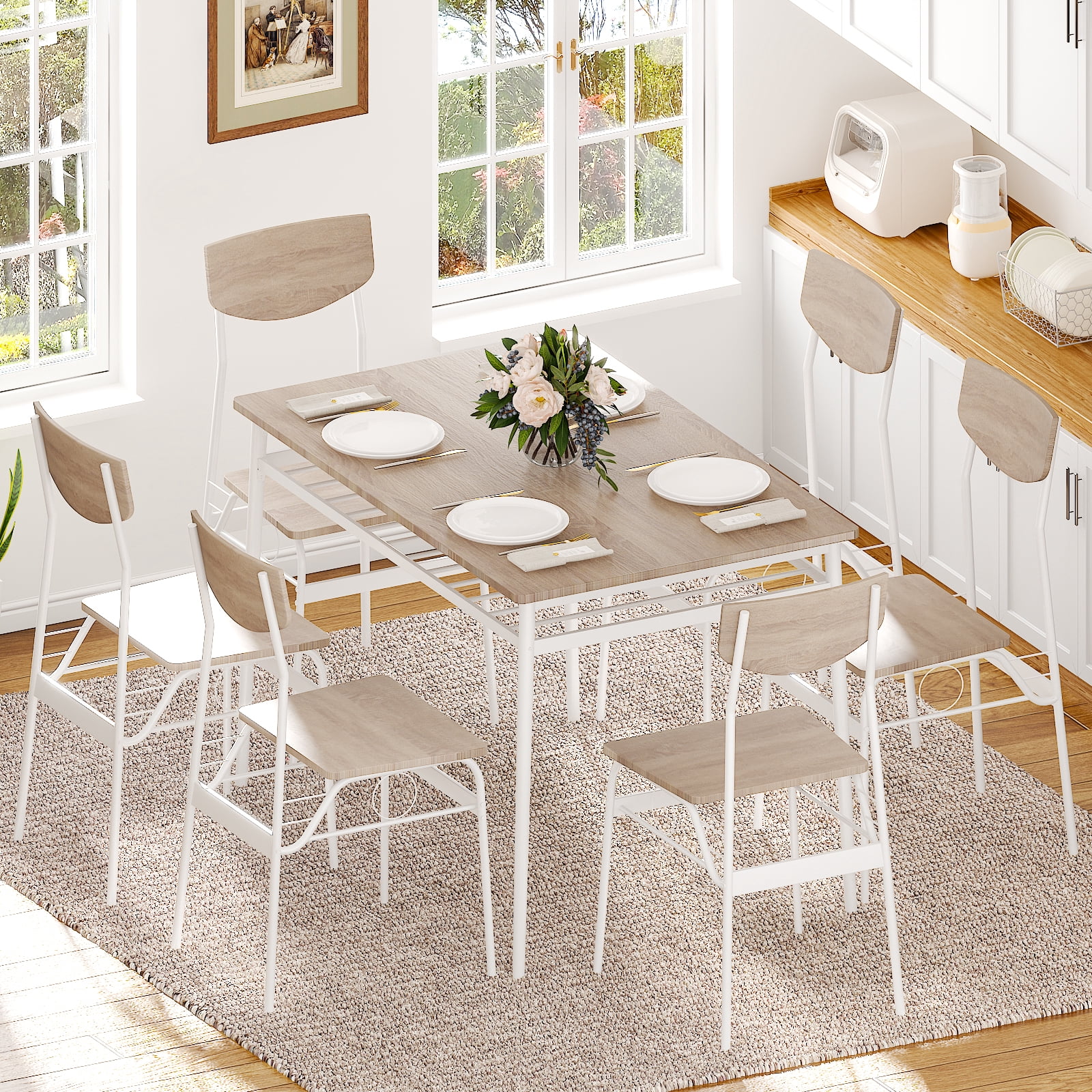 Ktaxon Modern Dining Table Set for 6 with Storage Racks, Farmhouse Wood ...