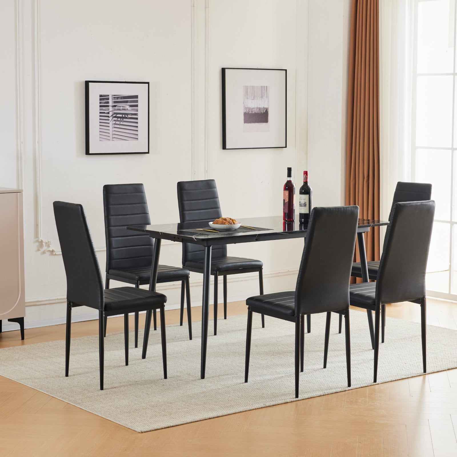 Ktaxon 6-Seater Black Dining Table Set, Faux Marble Dinner Table with ...
