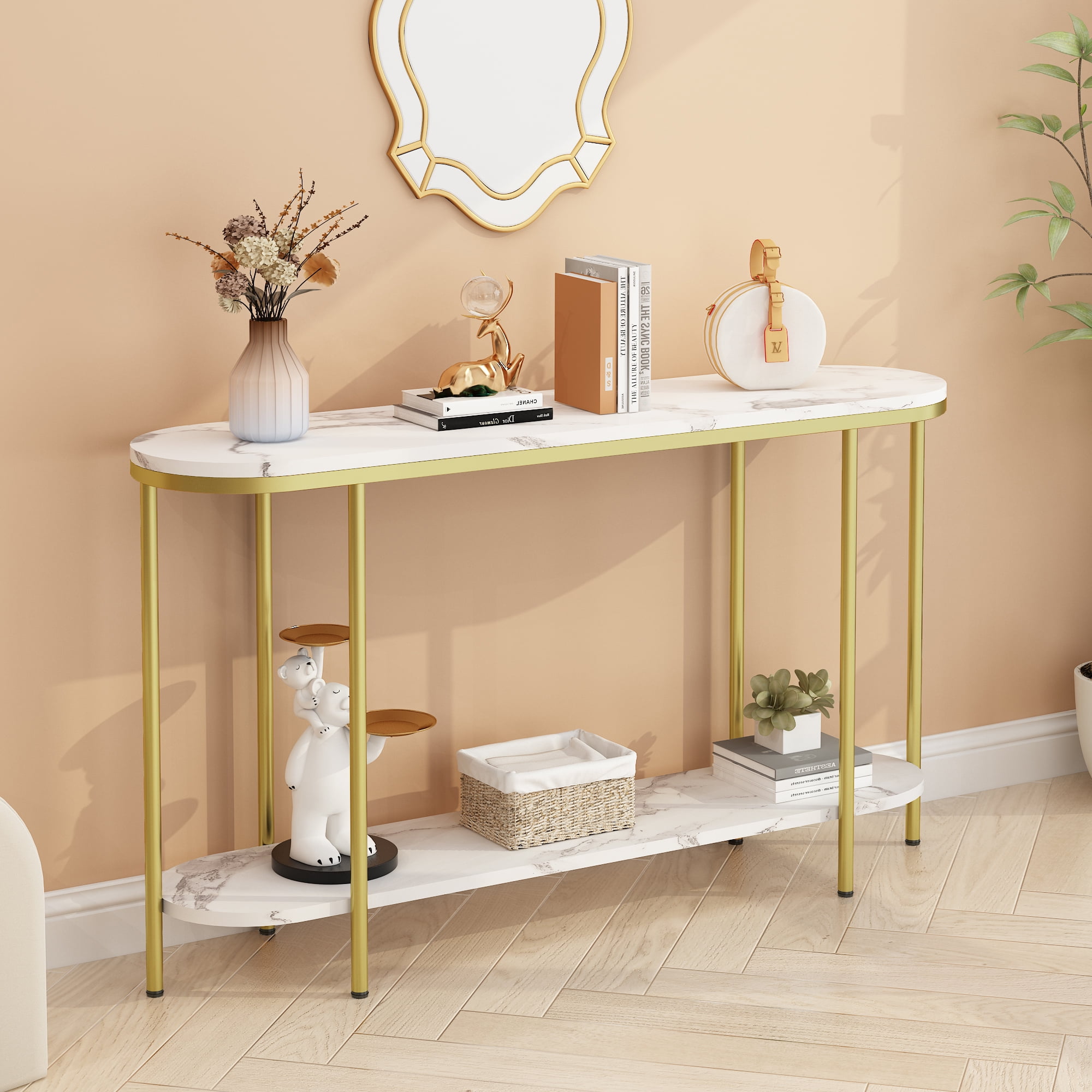 Ktaxon 2-Tier Entryway Console Table, MDF Wood, Gold & White, for ...