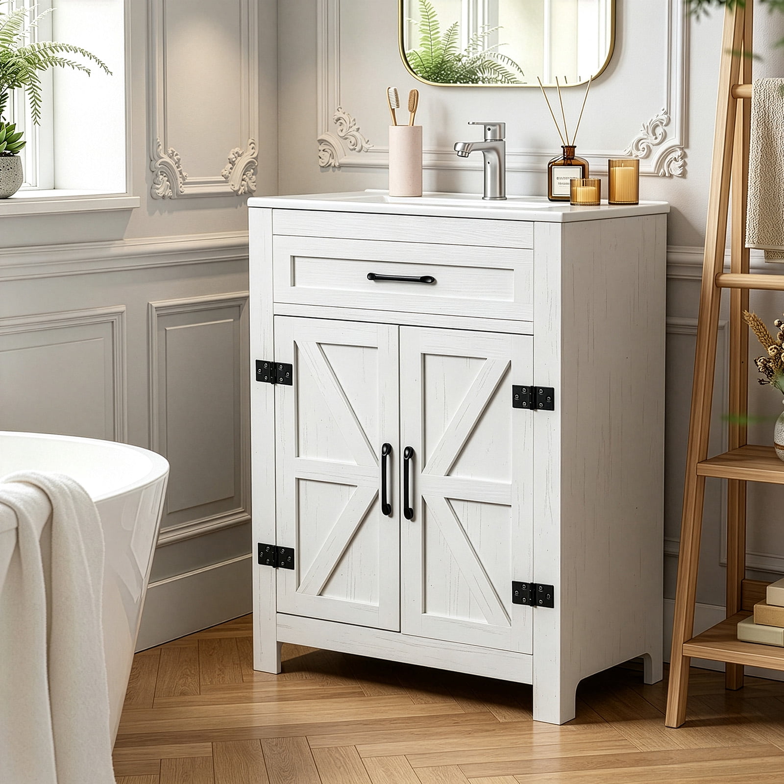 Ktaxon Farmhouse 24'' Bathroom Vanity Set with Sink Ceramic Top, Washed ...