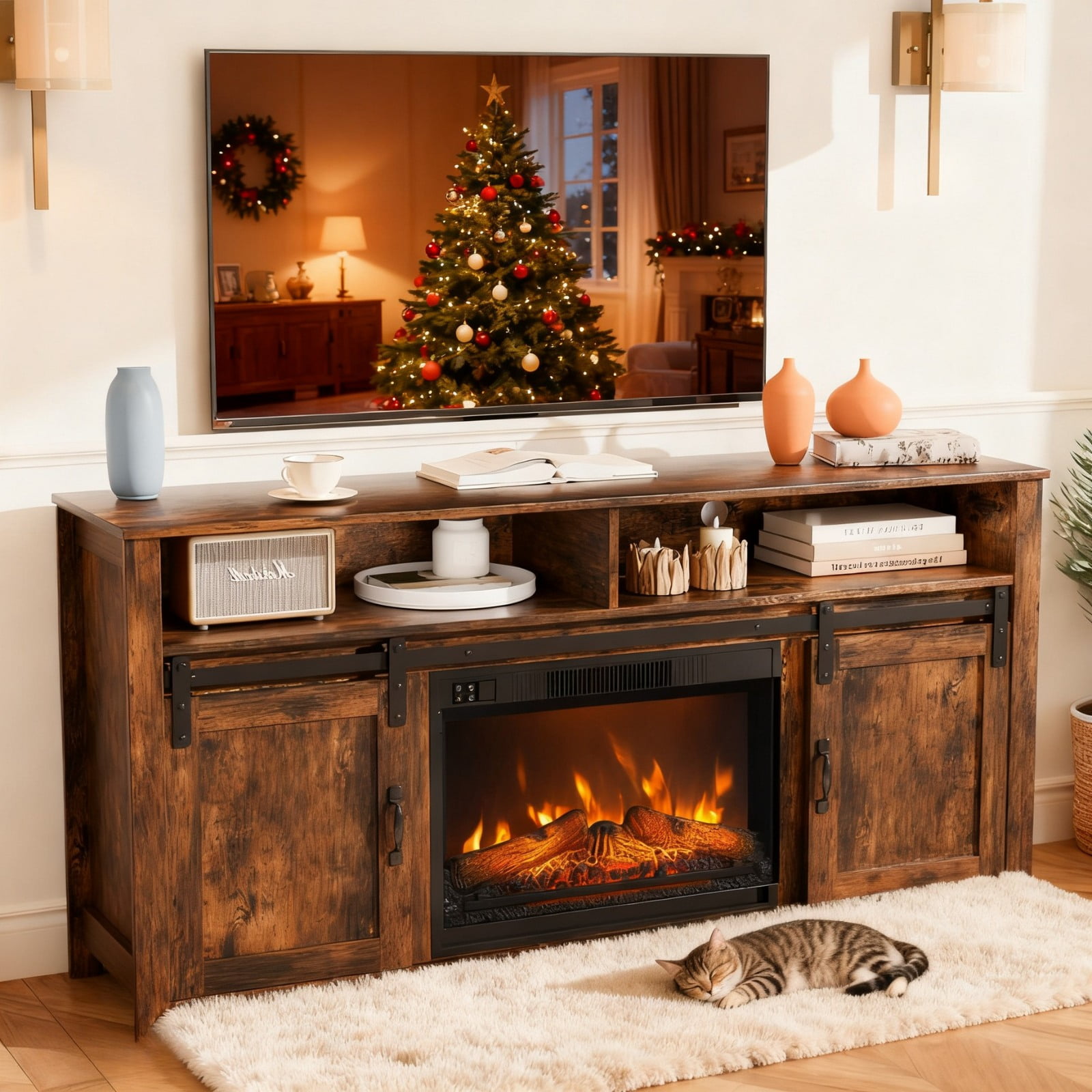 Ktaxon Farmhouse TV Stand with 23in Fireplace, Modern Entertainment ...