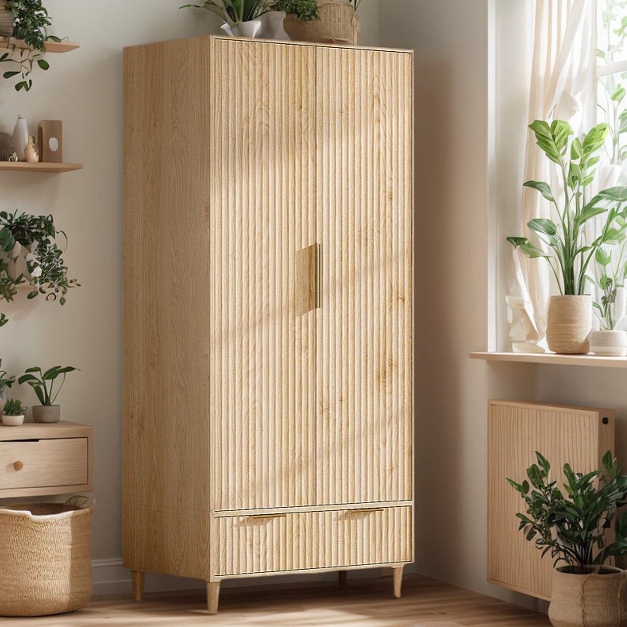 Ktaxon Fluted Wardrobe Closet Armoire with Hanging Rod, Modern Drawer ...