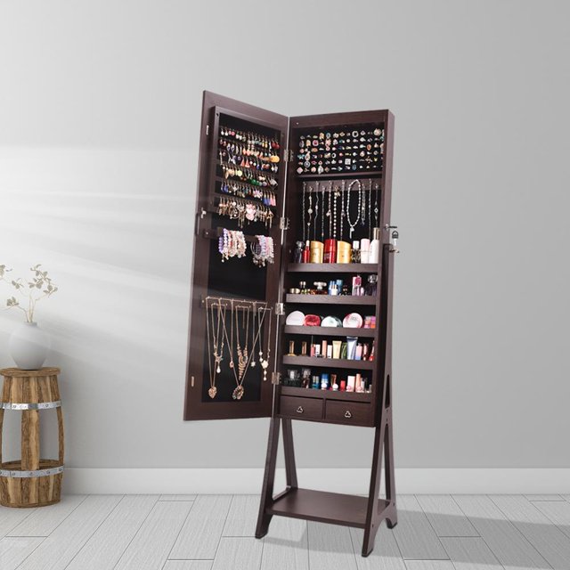 Ktaxon Full Mirror Makeup Storage Cabinet 2 Drawers 5 Layers Brown with ...