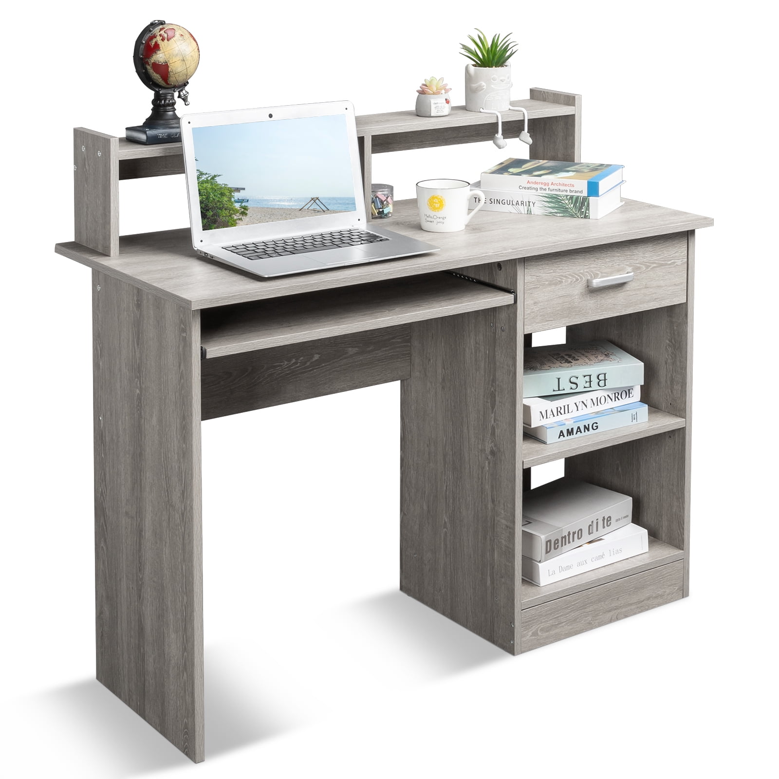 Ktaxon Gaming Desk with Keyboard Tray Drawers and Storage Cabinet, Gray ...