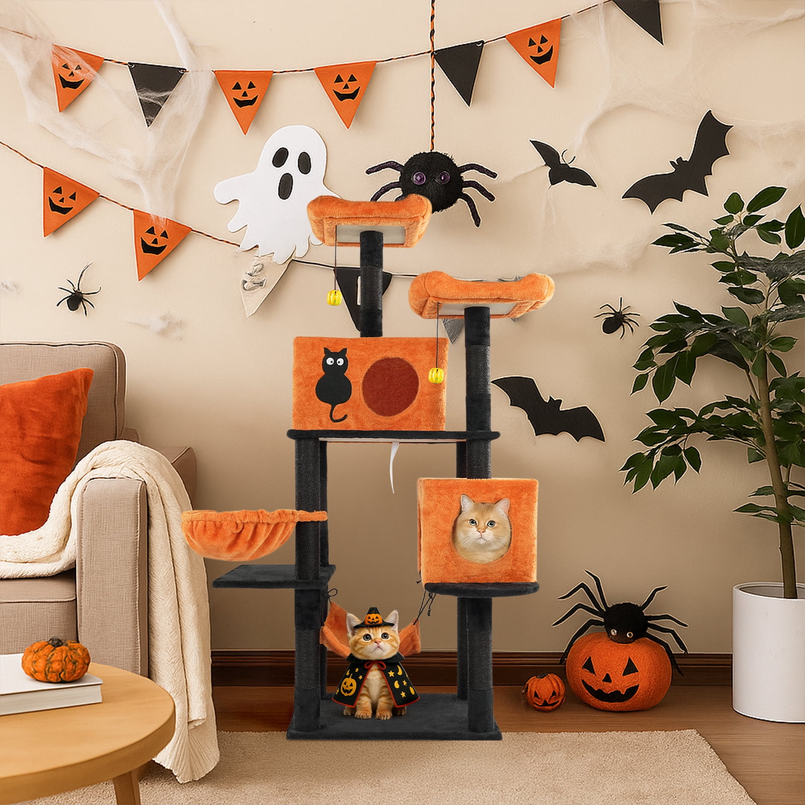 Ktaxon Halloween Cat Tree with 2 Hideouts & 2 Beds, 5-Tier Cat Tower ...