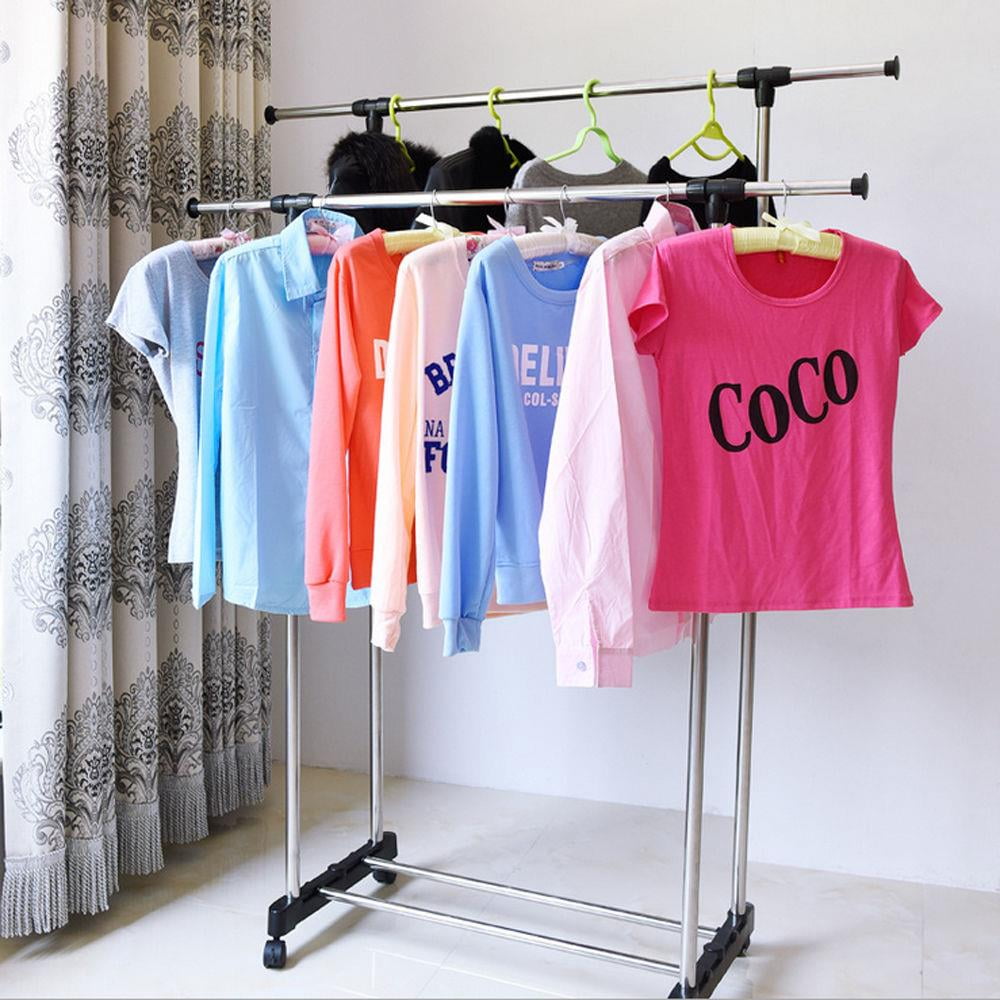 Ktaxon Portable Double Adjustable Hanger with Rolling Rack & Shoe Shelf ...