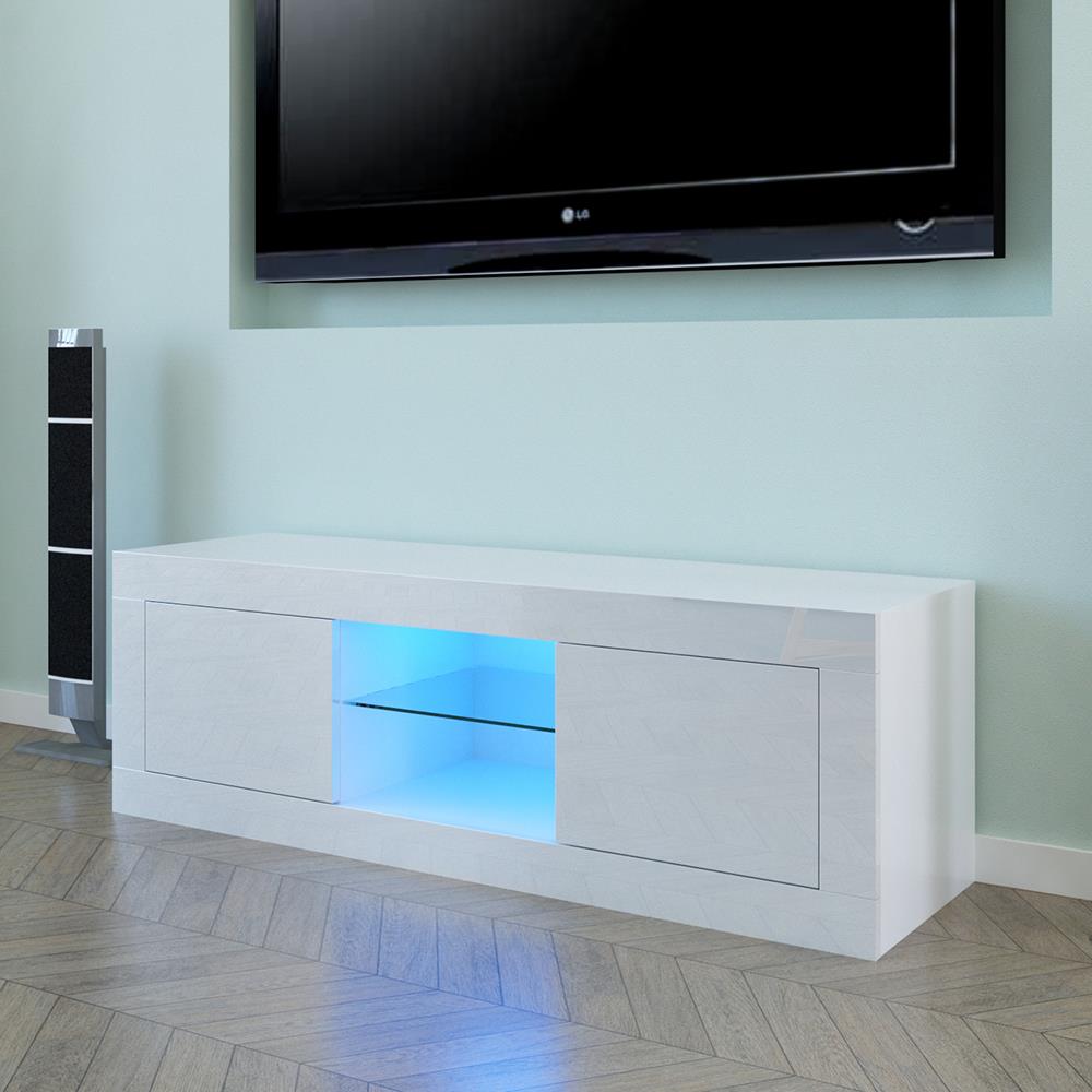 Ktaxon High Gloss TV Stand with LED Lights and 2 Shelves, Glass White ...