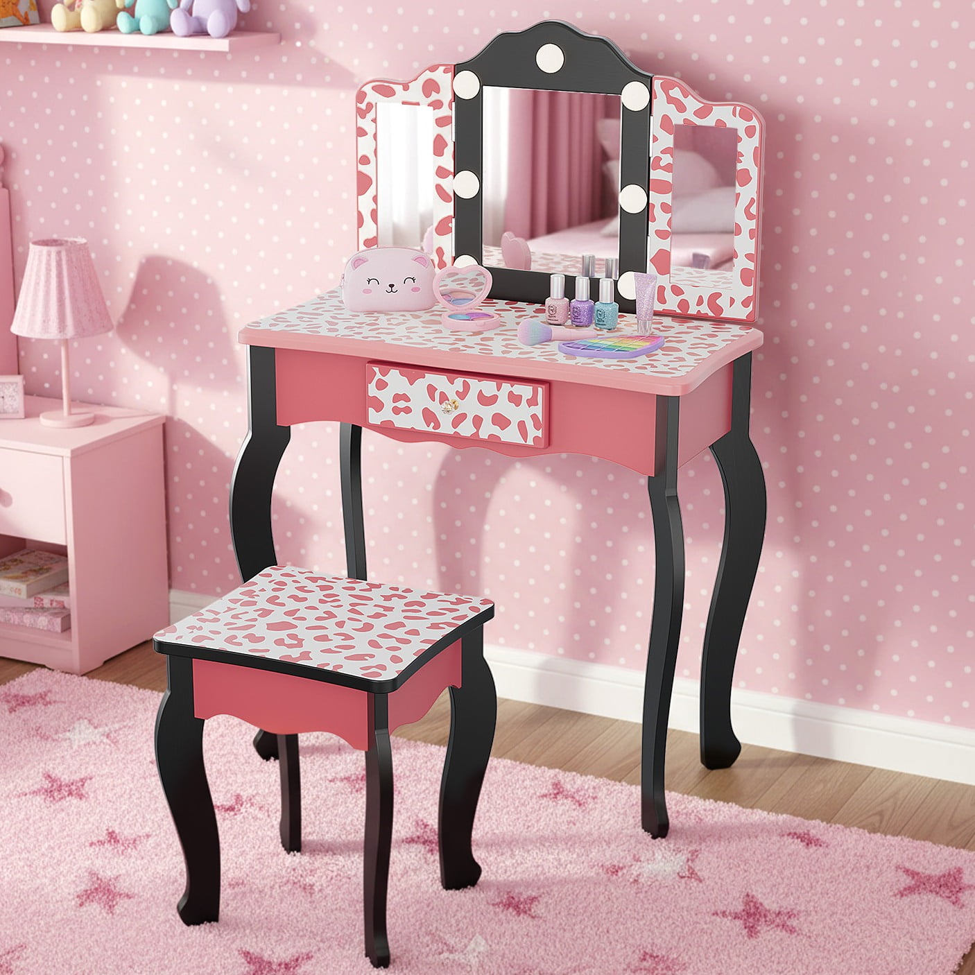 Ktaxon Kids Princess Wooden Vanity Desk w/ Lighted Mirror,Stool,Drawer ...