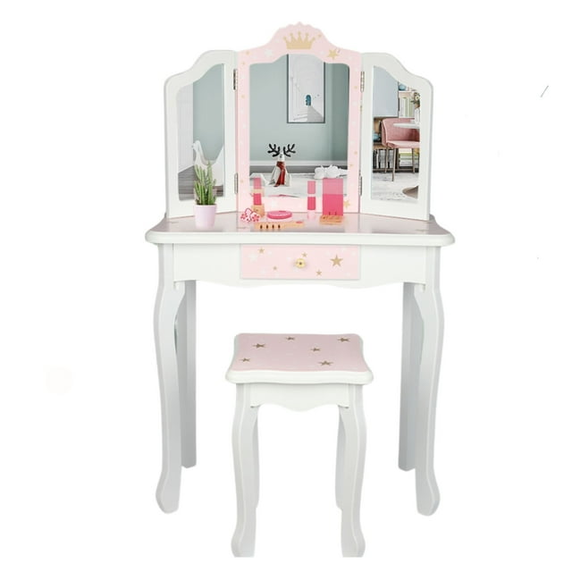 Ktaxon Kids Vanity Table and Stool Set with 3 Mirrors, Pretend Play ...