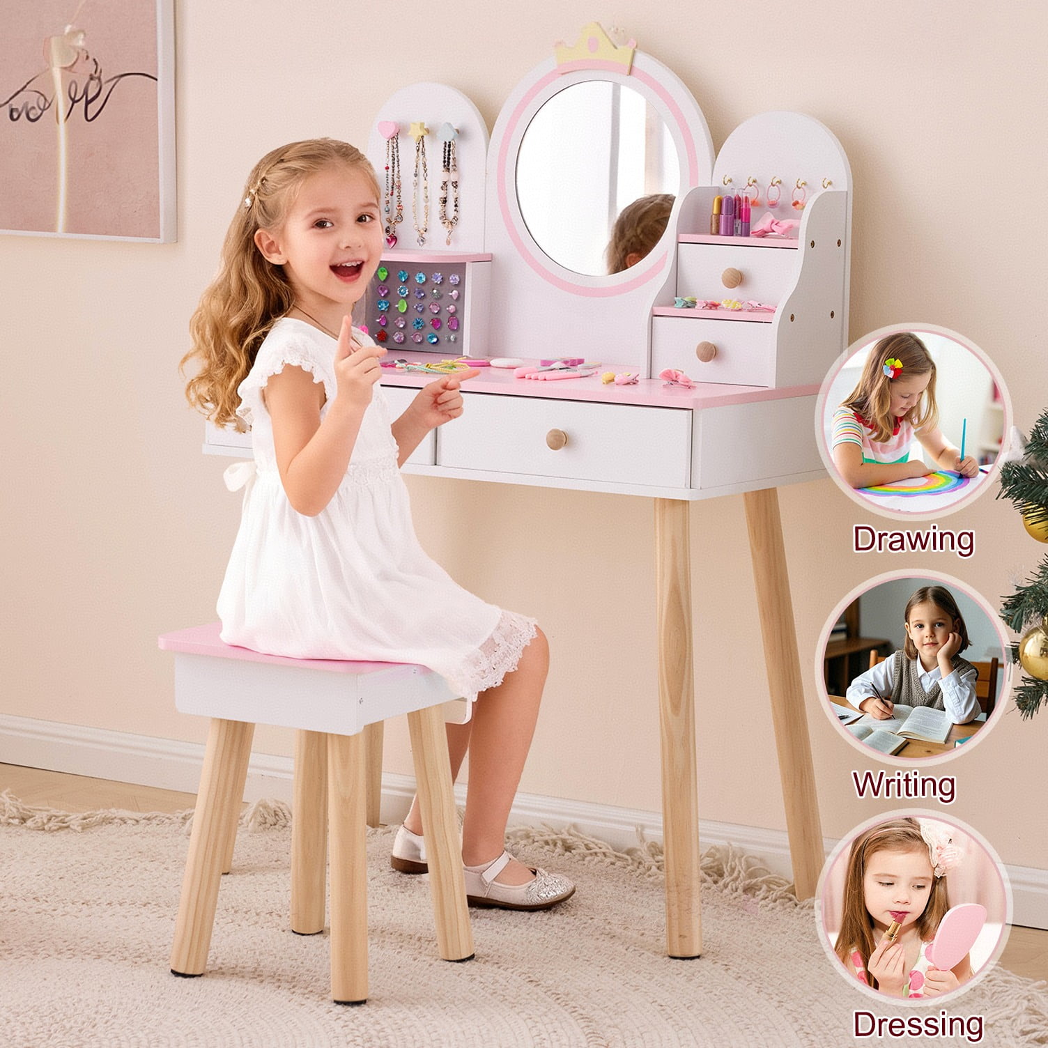 Ktaxon Kids' Wooden Vanity Table and Stool Set, Princess Makeup ...