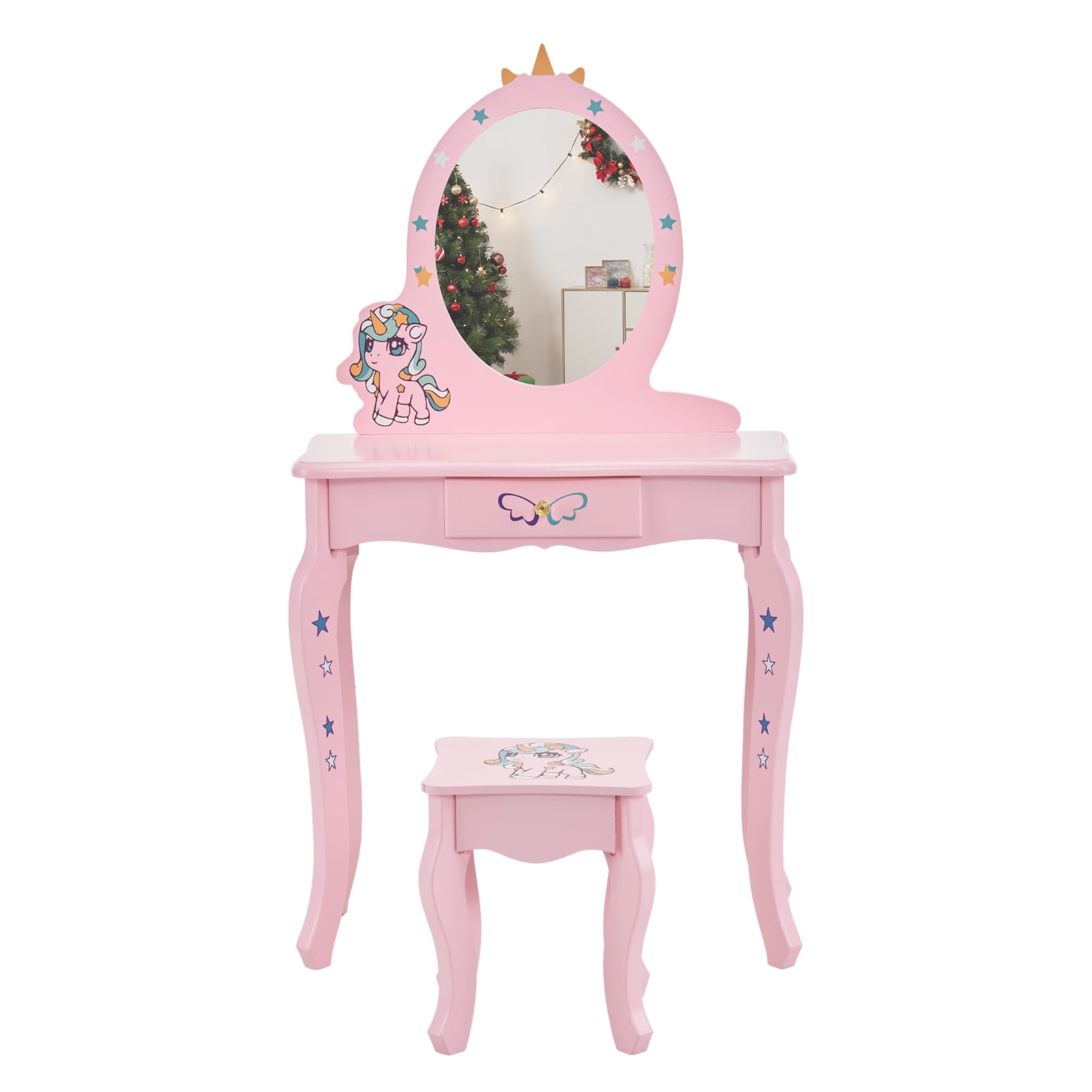 Ktaxon Kids' Wooden Vanity Table and Stool Set, Princess Makeup ...