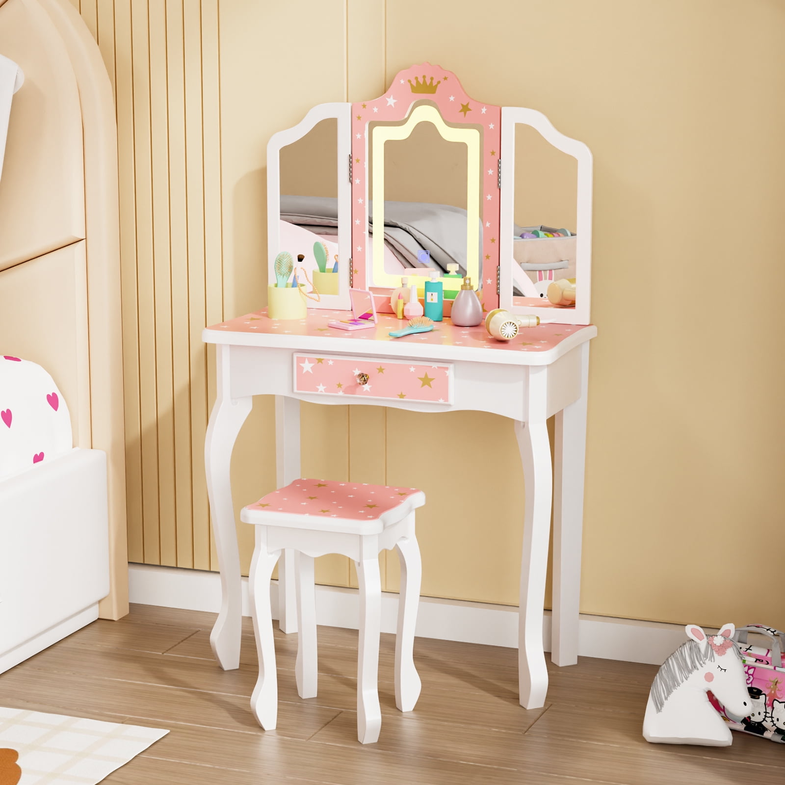 Ktaxon Kids' Wooden Vanity Table and Stool Set with LED Lights ...