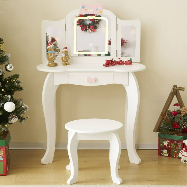 Ktaxon Kids' Wooden Vanity Table and Stool Set with LED Lights ...