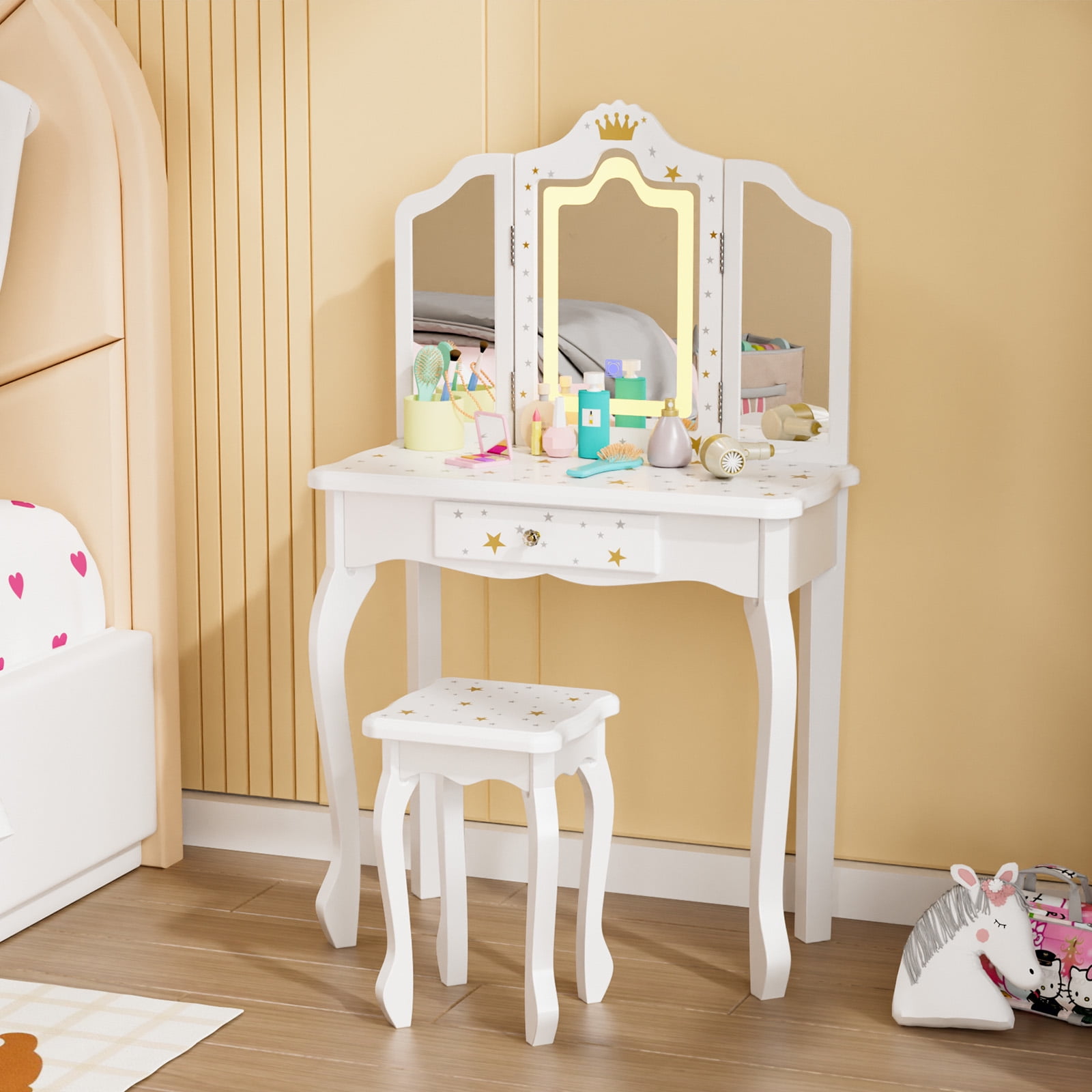 Ktaxon Kids' Wooden Vanity Table and Stool Set with LED Lights ...