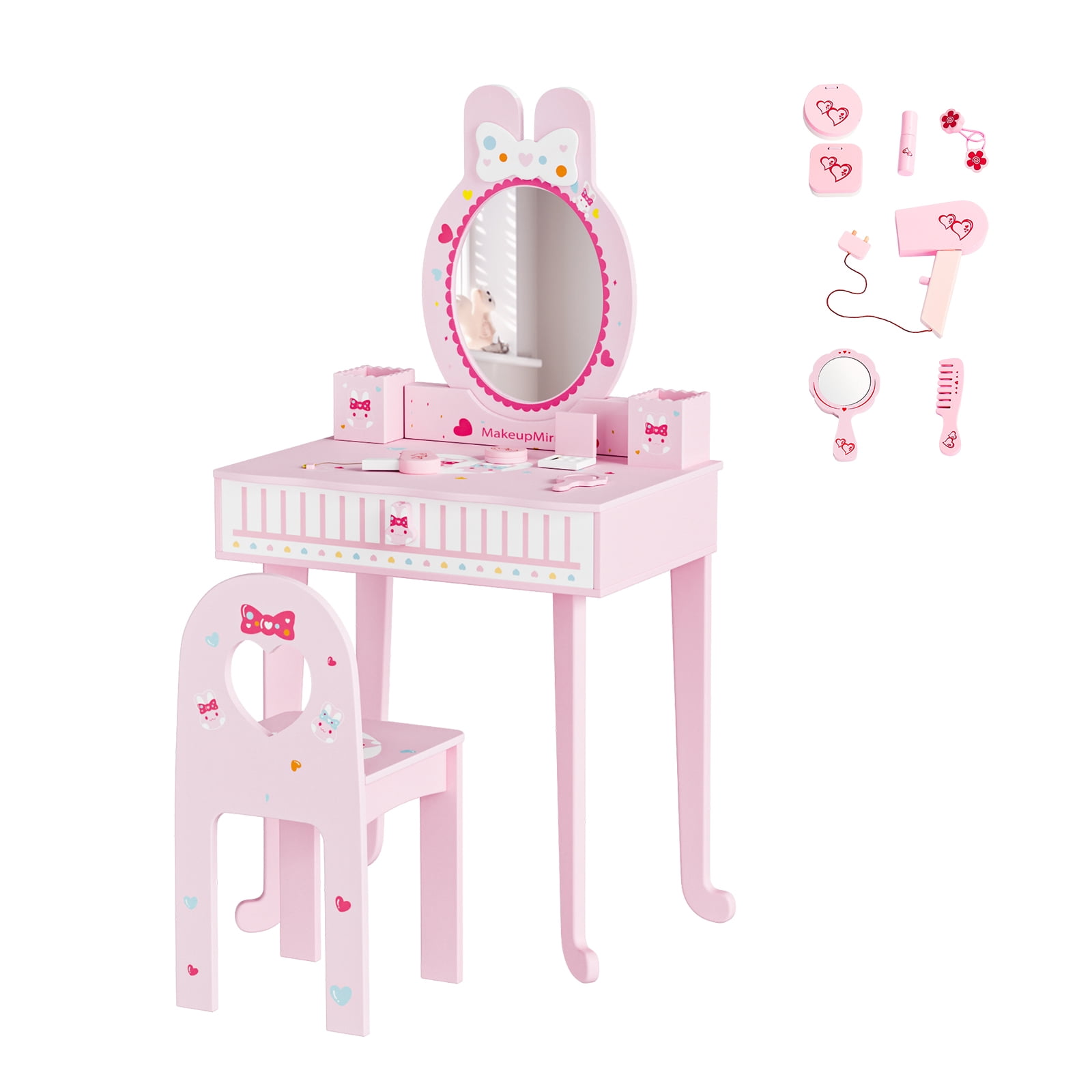 Ktaxon Kids' Wooden Vanity Table and Stool Set with Toy Vanity ...